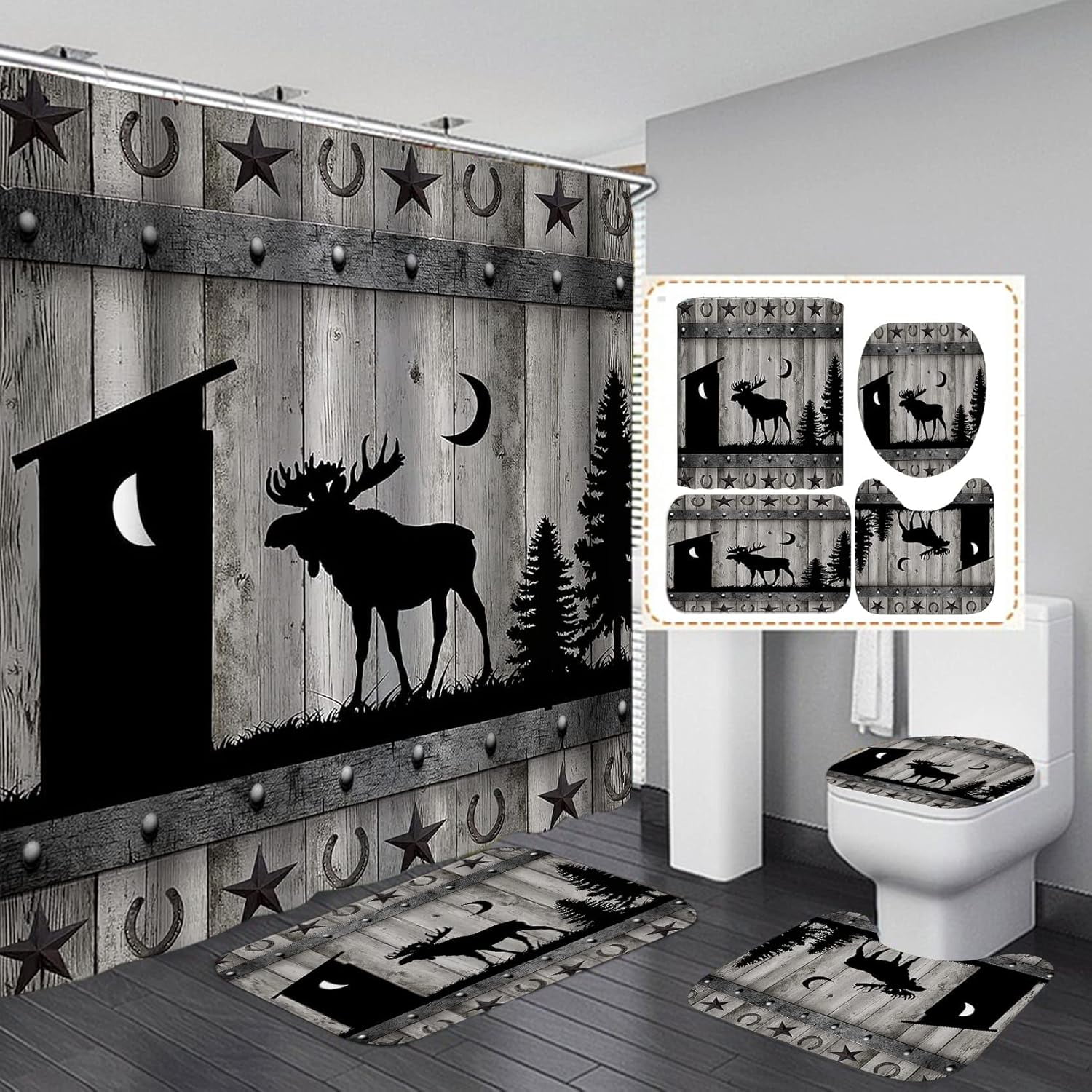 4PCS/Set Rustic Deer Shower Curtain set, Black Outhouse Pine Tree Moon ...