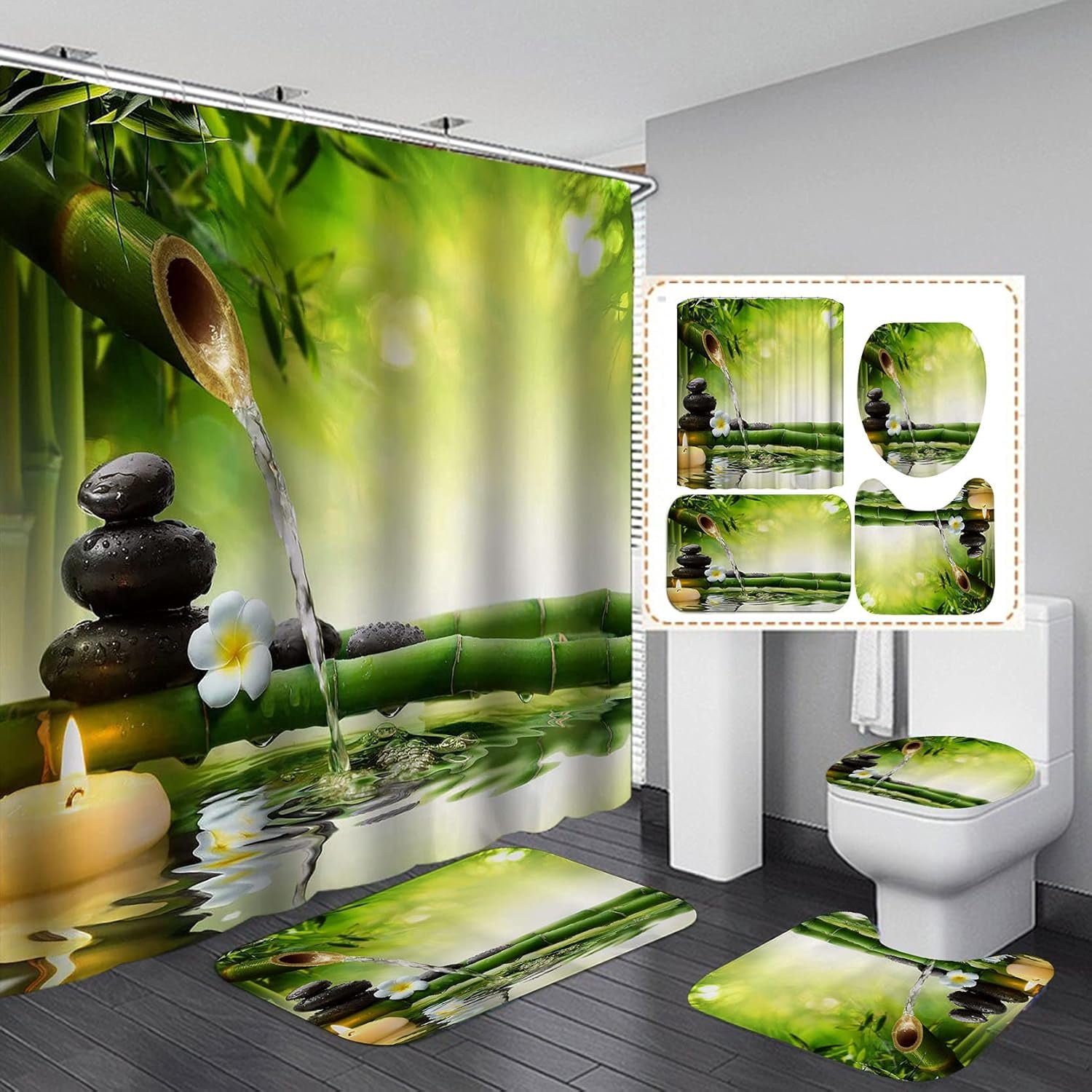 4PCS/Set Spa Zen Shower Curtain set, Green Bamboo Black Massage Stone ...