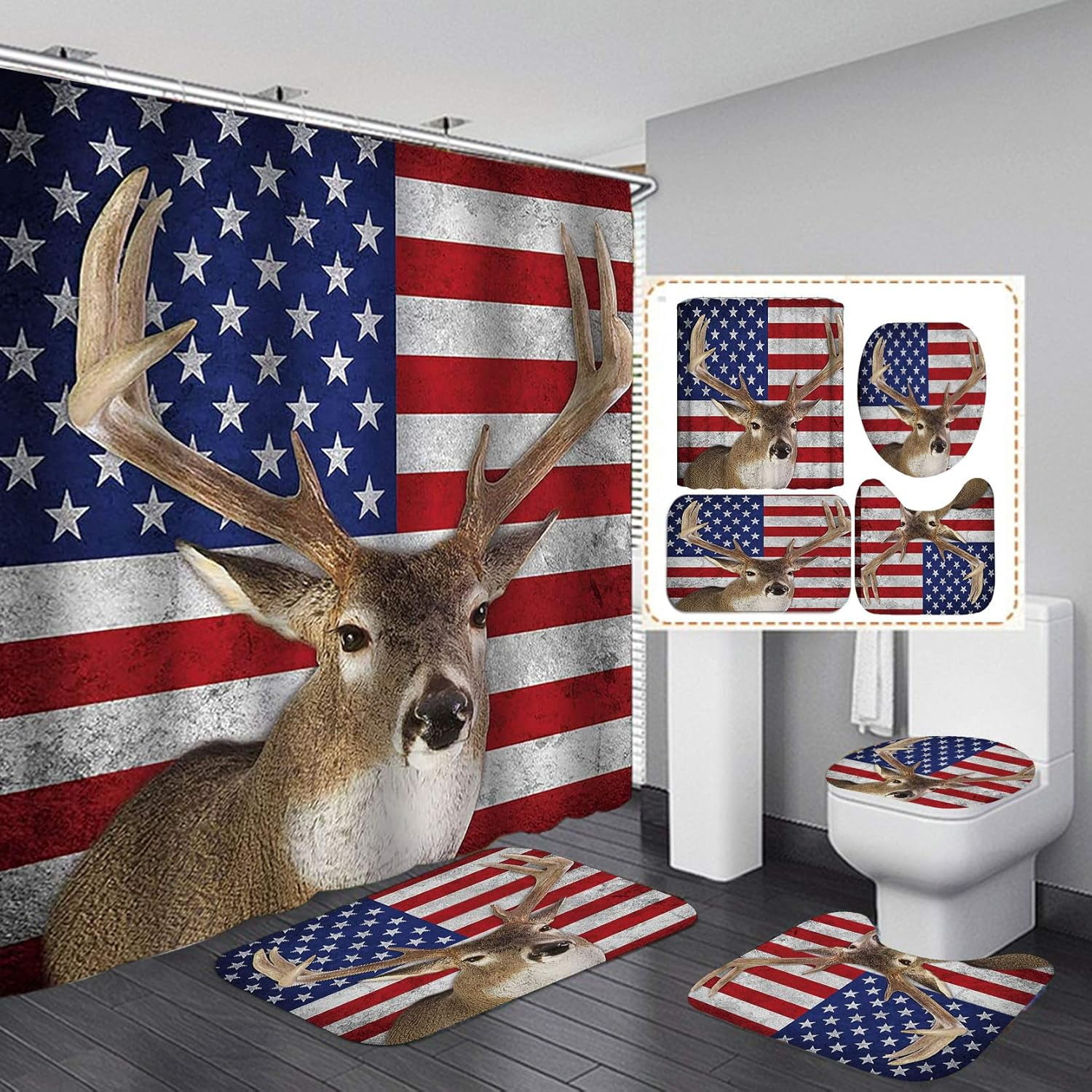4PCS/Set USA Flag Baseball Bat Shower Curtain, American Flag Fourth of ...