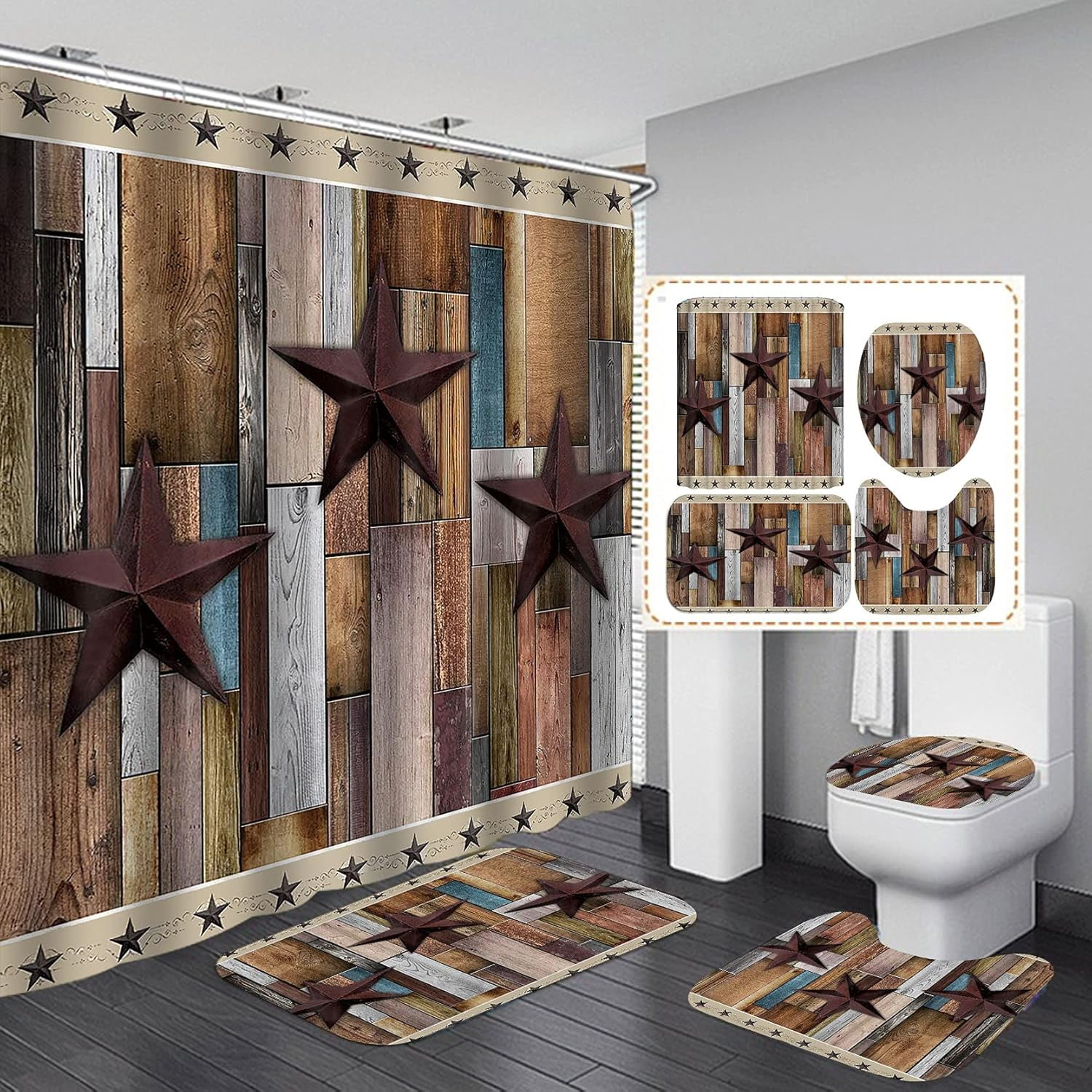 4PCS/Set Vintage Brown Western Texas Star Shower Curtain Sets ...