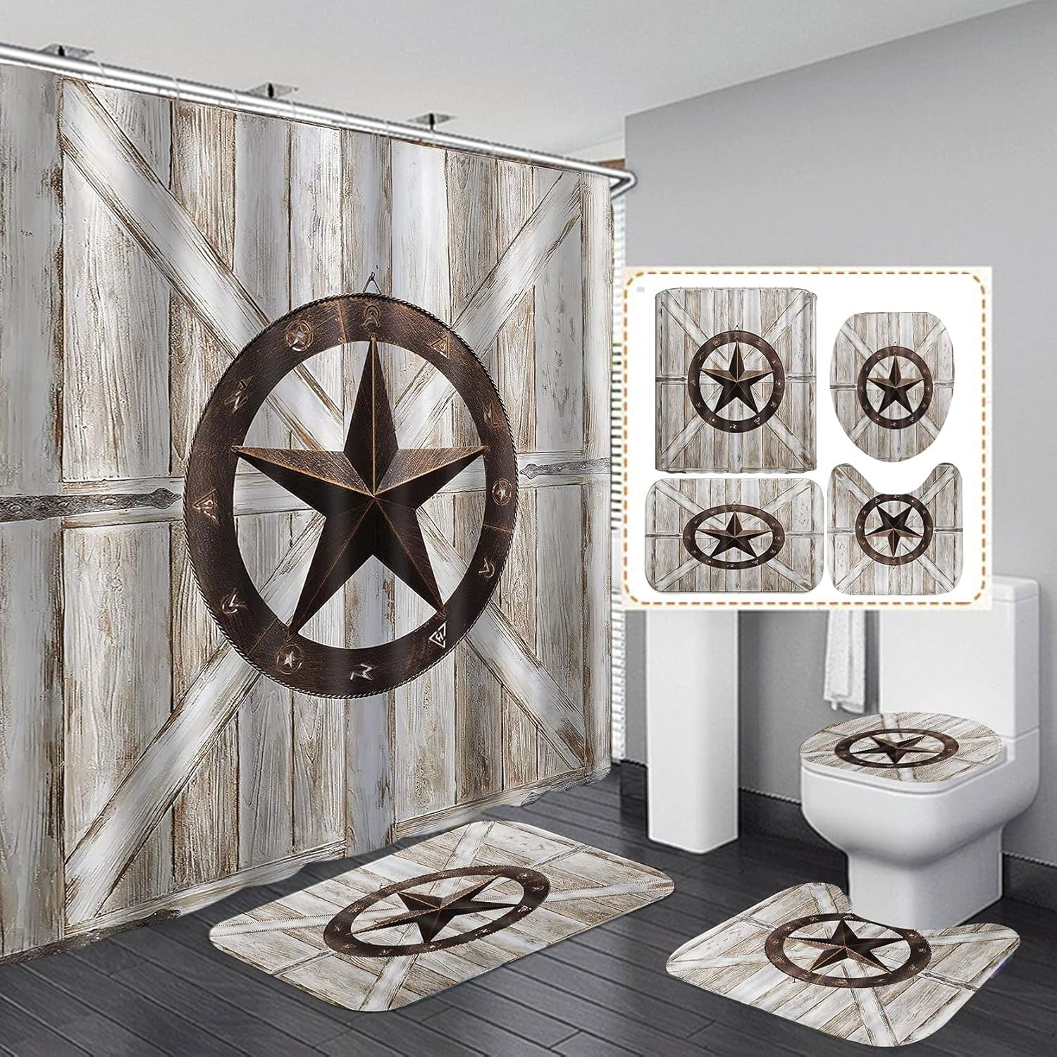 4PCS/Set Western Shower Curtain, Vintage Brown Barn Texas Star Map and ...