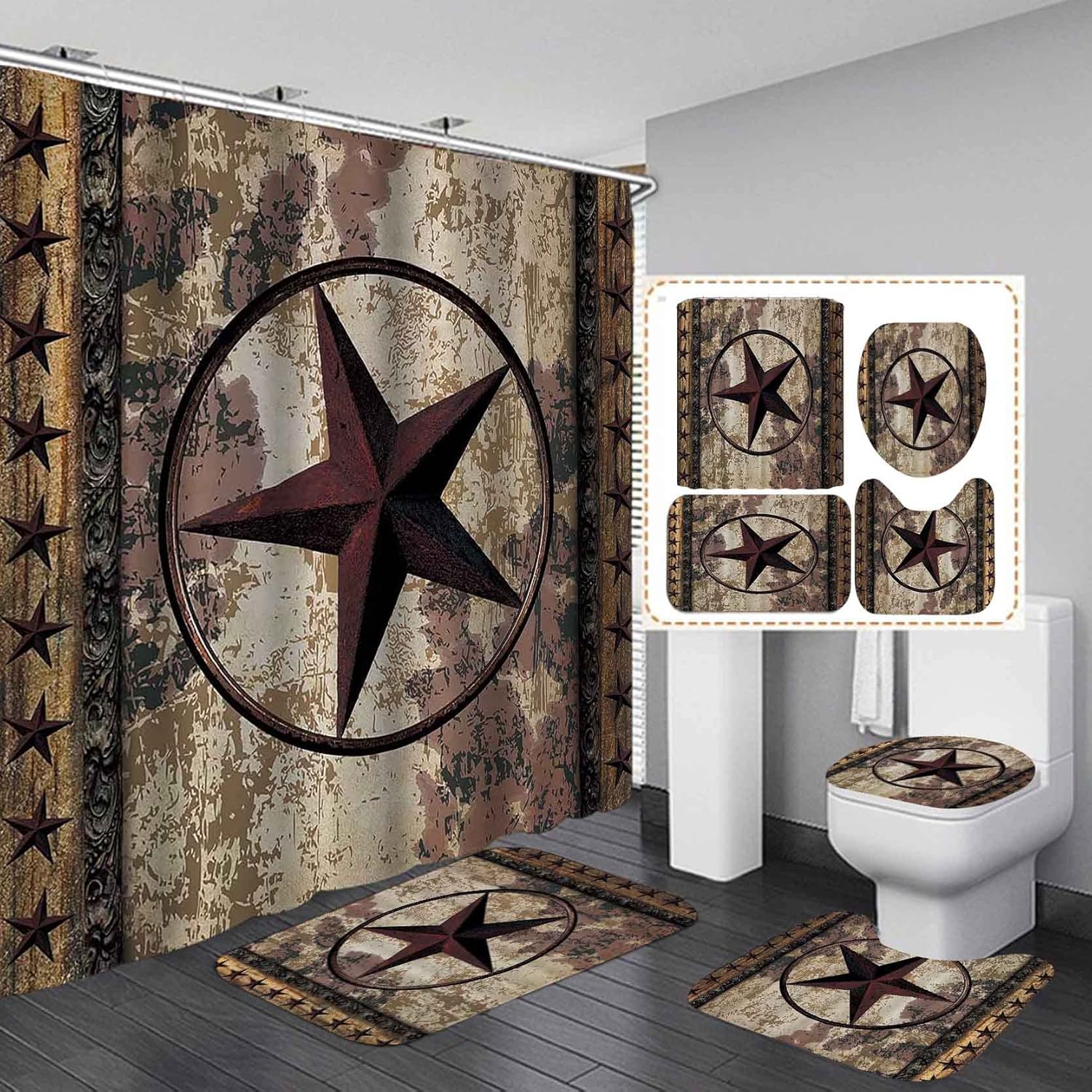 4PCS/Set Western Texas Star on Rustic Panel Shower Curtain set, Vintage ...