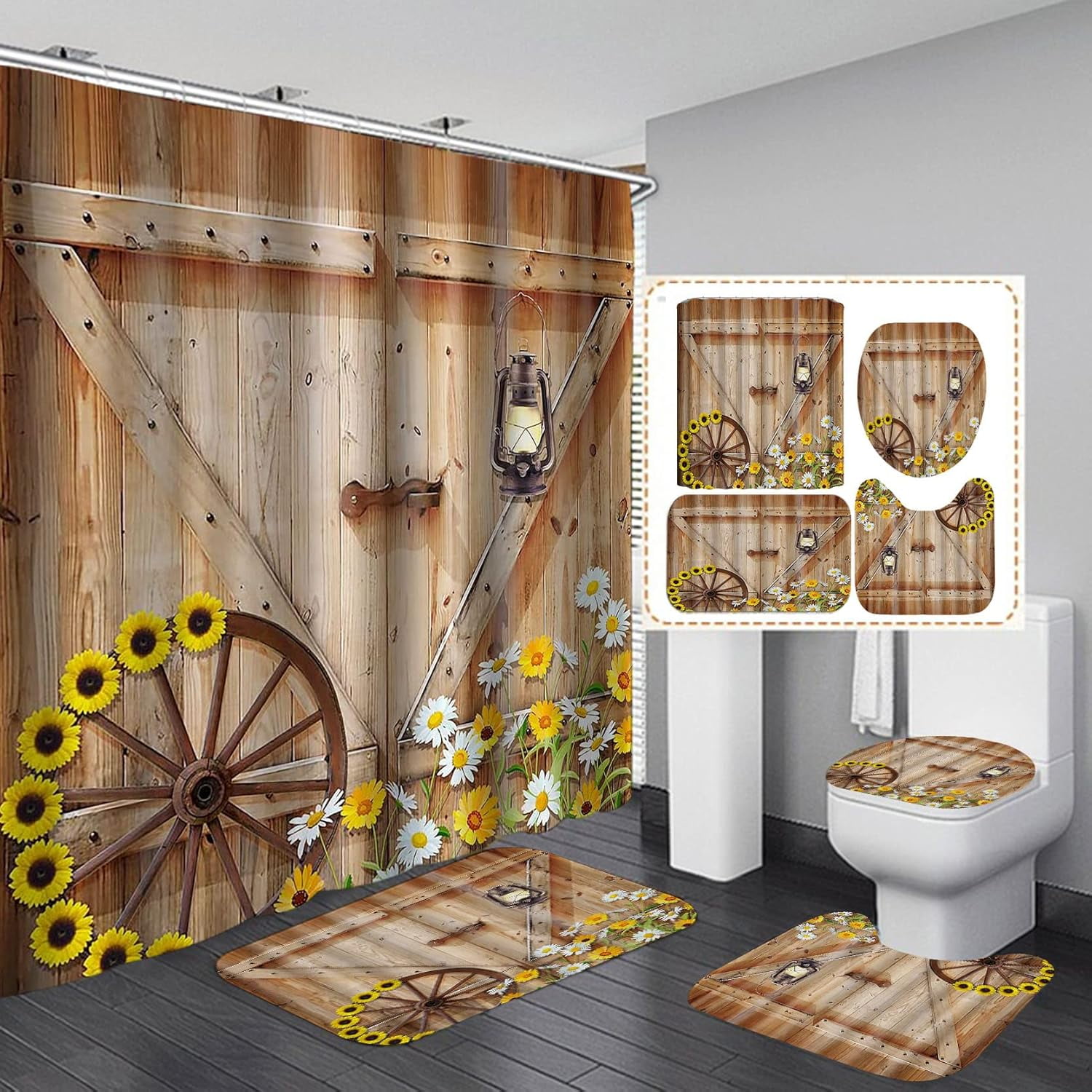 4PCS/Set Western Texas Star on Rustic Panel Shower Curtain set, Vintage ...