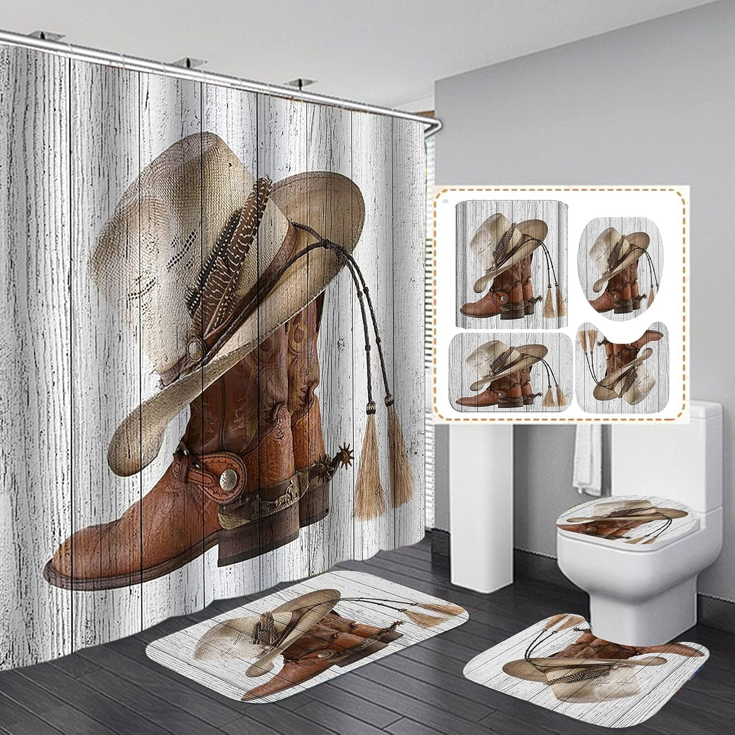 4PCS/Set Western Texas Star on Rustic Panel Shower Curtain set, Vintage ...
