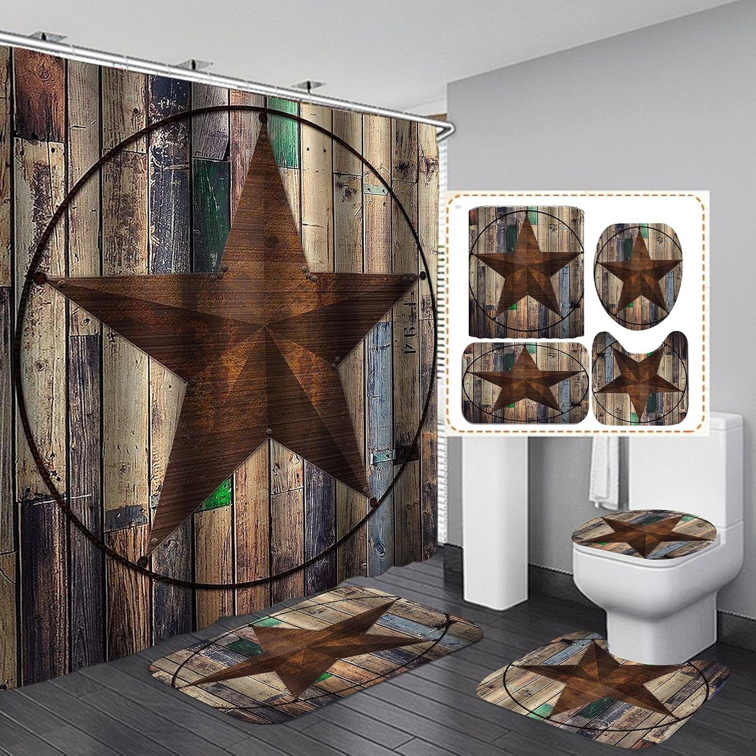 4PCS/Set Western Texas Star on Rustic Panel Shower Curtain set, Vintage ...