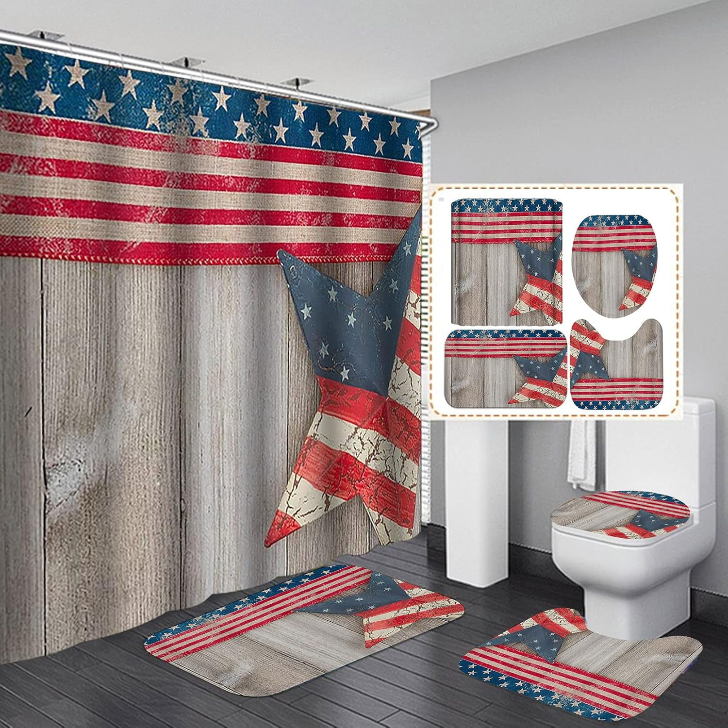 4PCS/Set Western Texas Star Shower Curtain Set, Waterproof Fabric Bath ...