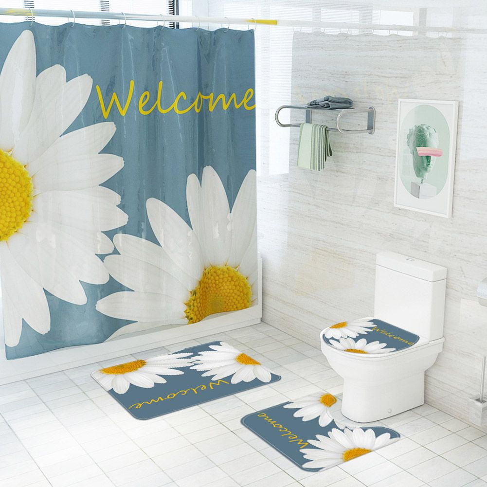 4PCS/Set White Flower Shower Curtain Farmhouse Daisy Flower Leaf Garden ...