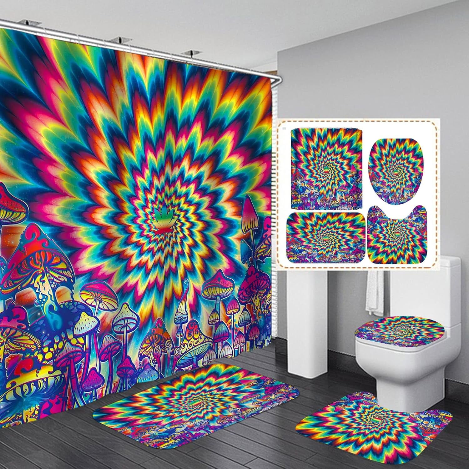 4PCS/Set Zen Fantasy Mushroom Shower Curtain Sets, Auspicious Carp Lotus Leaf River Green Forest ...