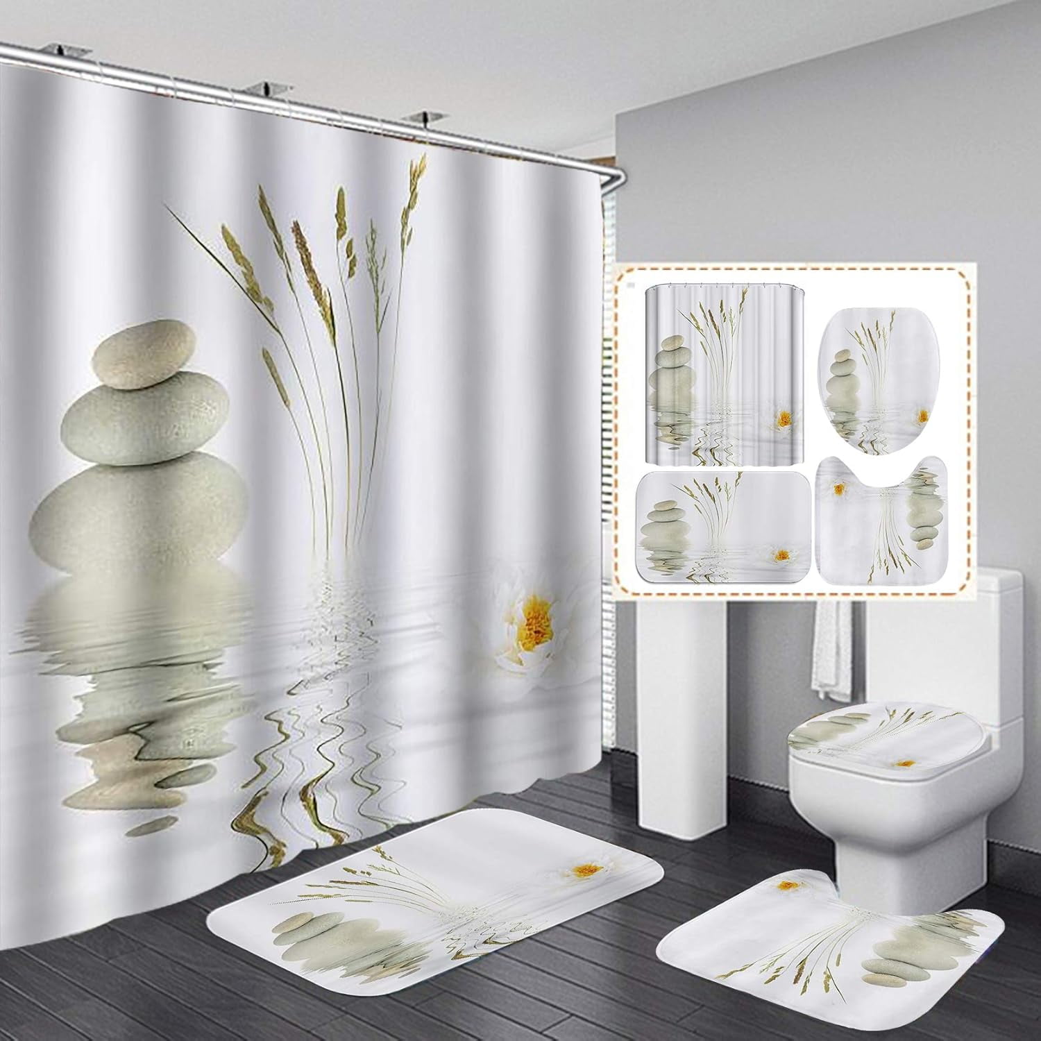 4PCS/Set Zen Spa Shower Curtain Sets, White Orchid Candle Green Bamboo ...