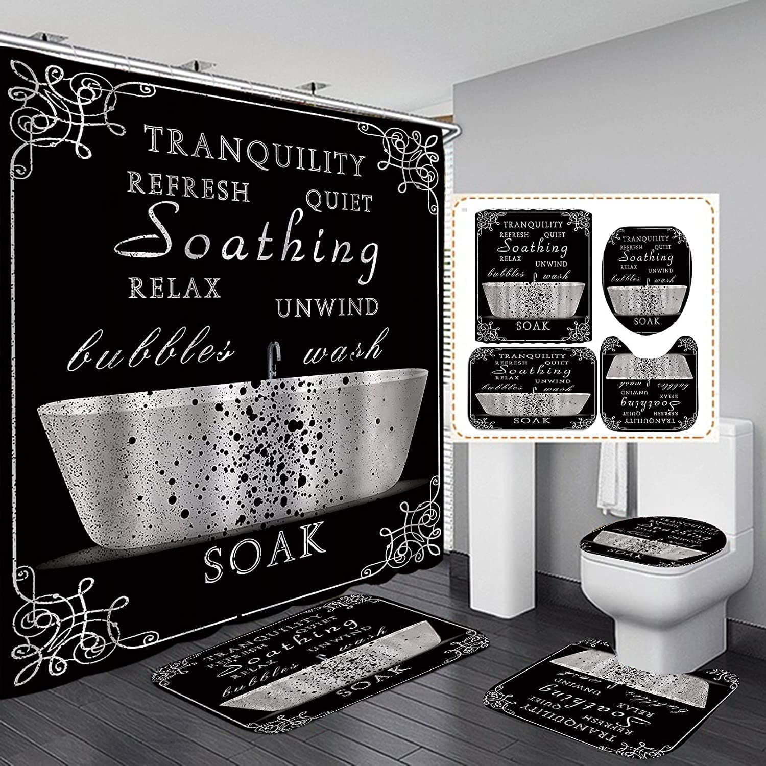 4pcs Sets Inspirational Quotes Shower Curtains Black Motivational Art