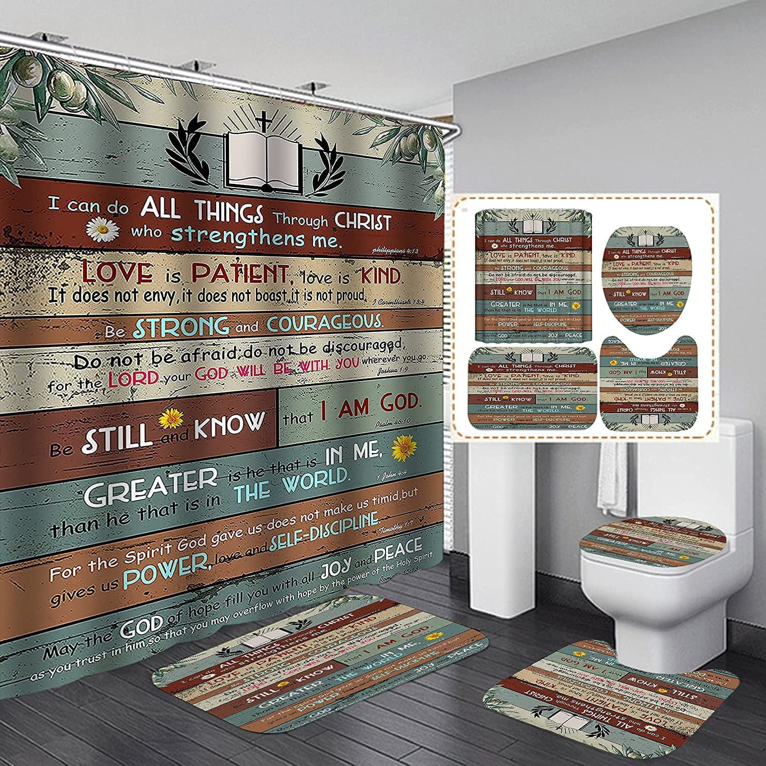 4pcs Sets Inspirational Quotes Shower Curtains Black Motivational Art