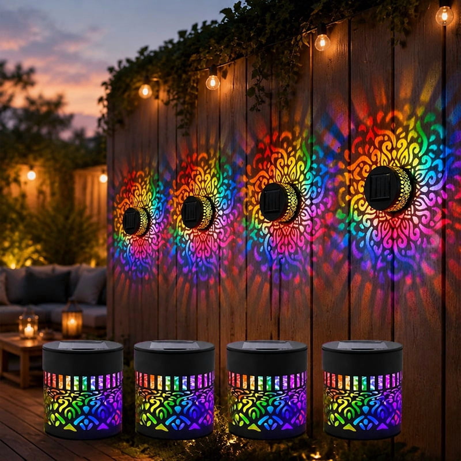 4PCS Seven-Color Changing solar mandala wall light projector, Outdoor ...