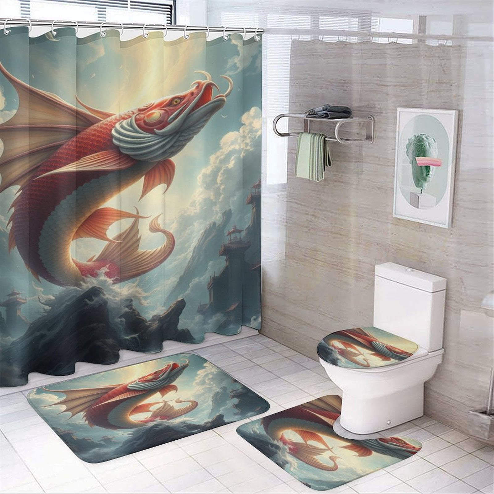 4PCS Shower Curtain Set Rainbow Fish Modern Bathroom Decor Mats 4pcs ...