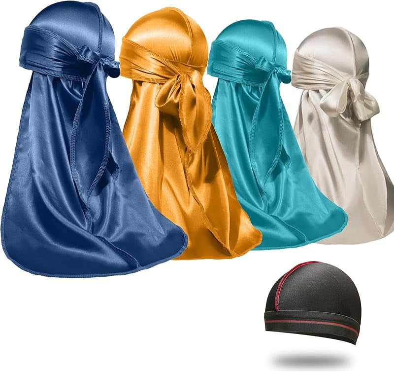 4PCS Silky Durags for Men Women 360 Waves with 1 Wave Cap, Silky Satin ...