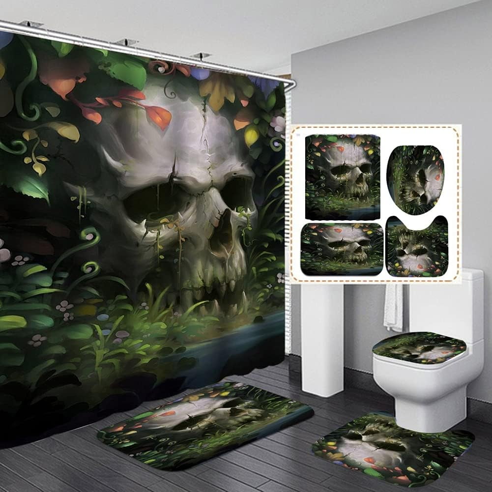 4PCS Skull Shower Curtain Set with Rugs,Fantasy Flame/Skeleton/Fires ...