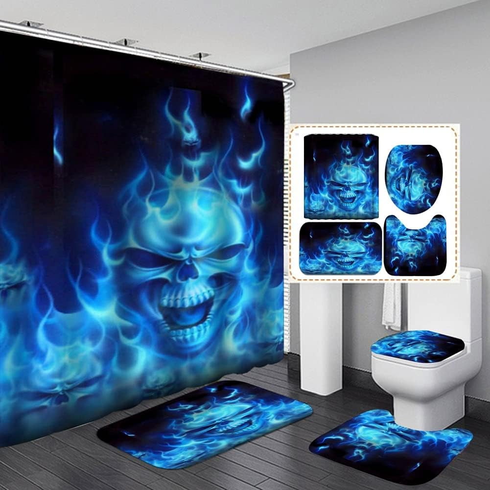 4PCS Skull Shower Curtain Set with Rugs,Fantasy Flame/Skeleton/Fires ...