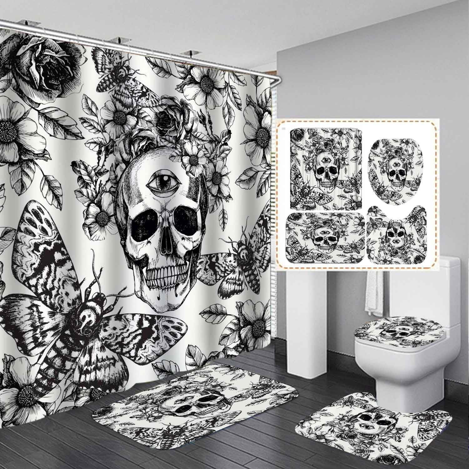 4PCS Skull Shower Curtain Sets with Rugs, Waterproof Fabric Black ...