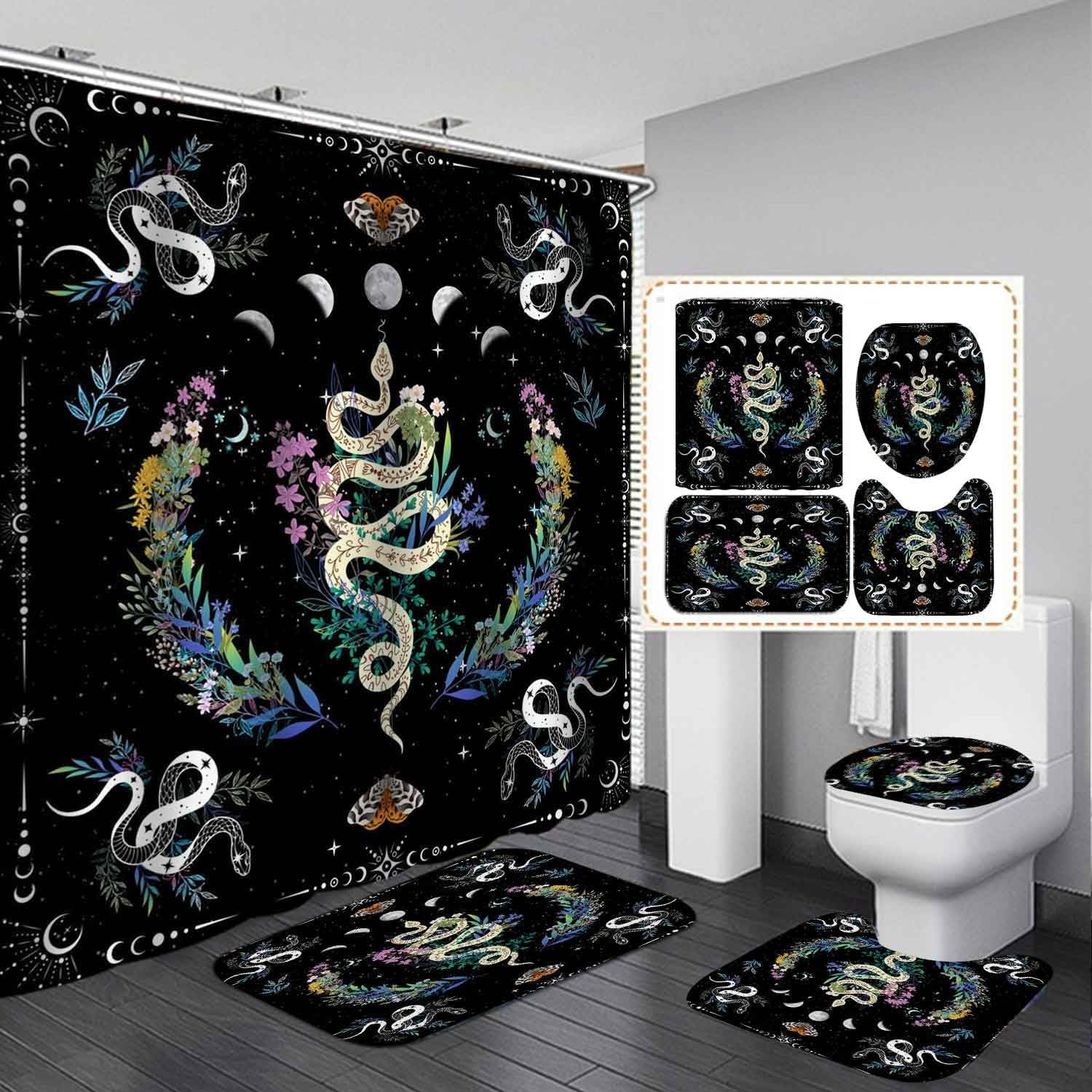 4PCS Snake Shower Curtain Sets With Rugs, Waterproof Fabric Beige ...