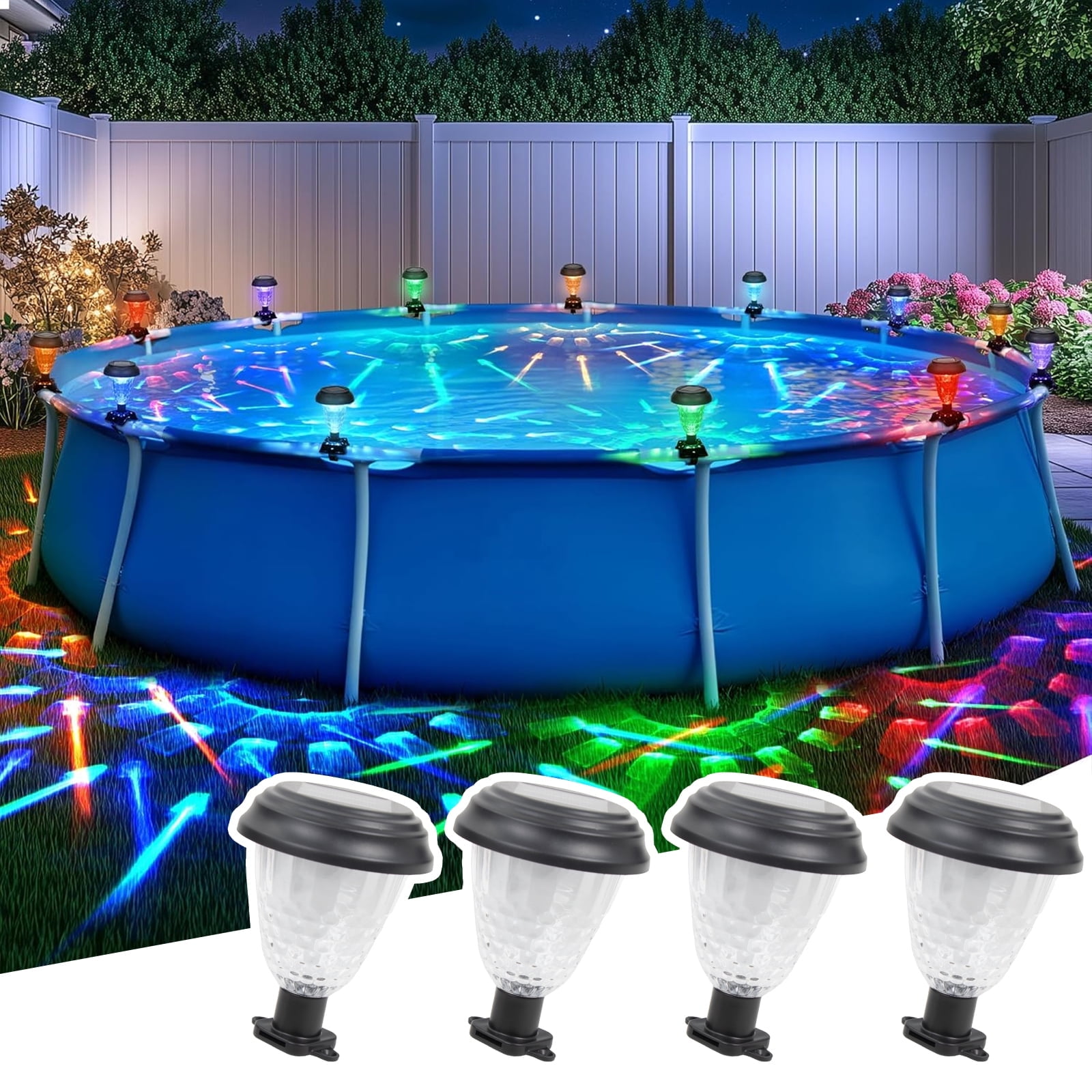 Focxoio Solar Pool Lights, IP65 Waterproof RGB Lighting, 4PCS for Above ...