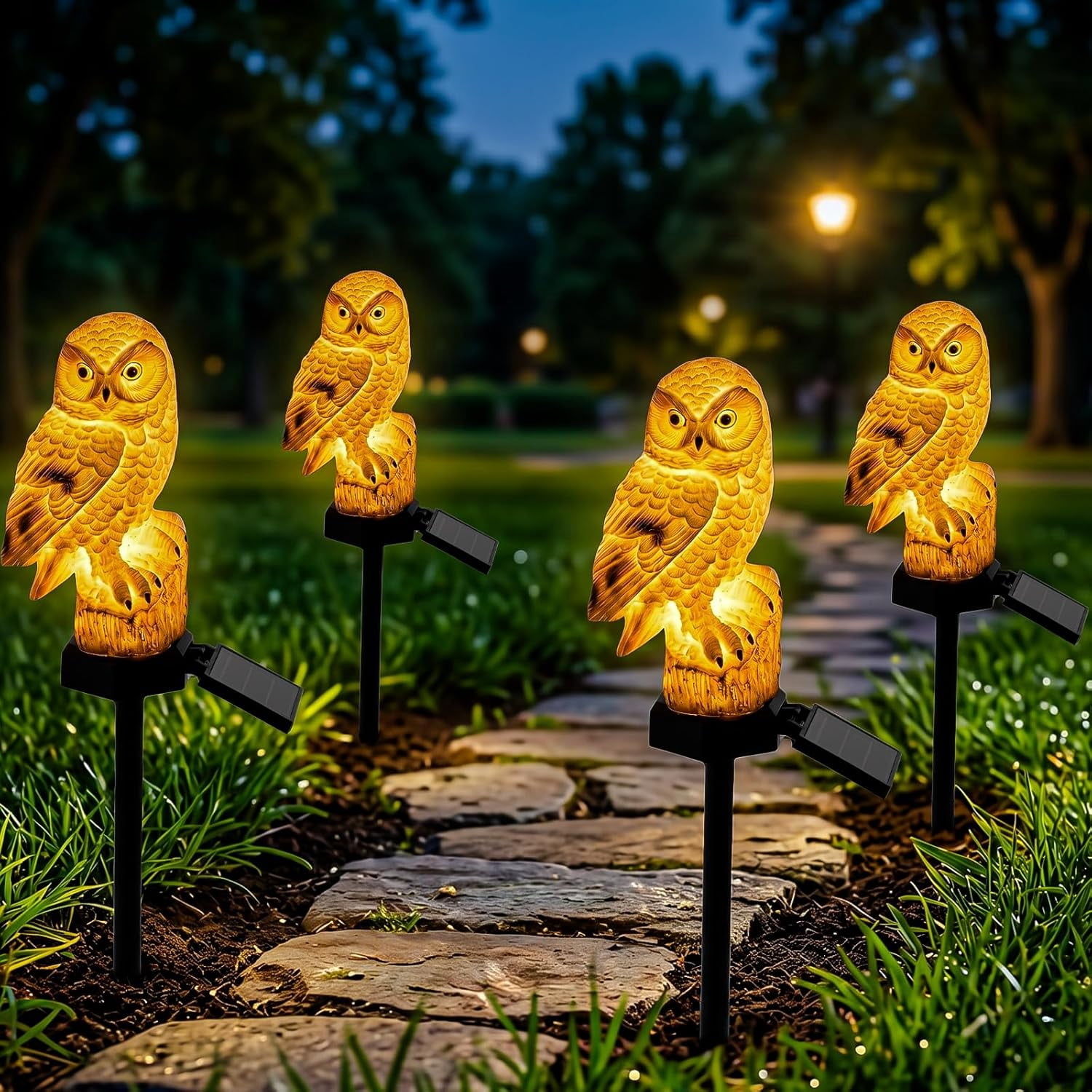 4PCS Solar Powered Garden Lights Owl Decor, Outdoor Yard Statue Pathway ...