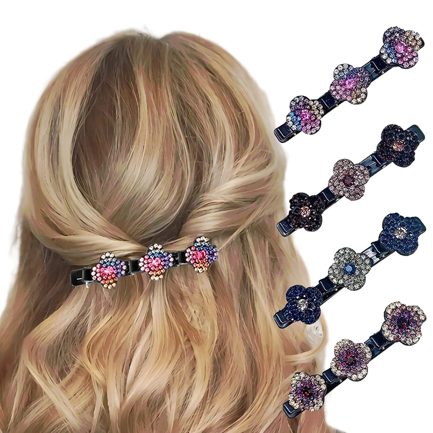 4PCS Sparkling Crystal Stone Braided Hair Clips, Four-Leaf Clover ...