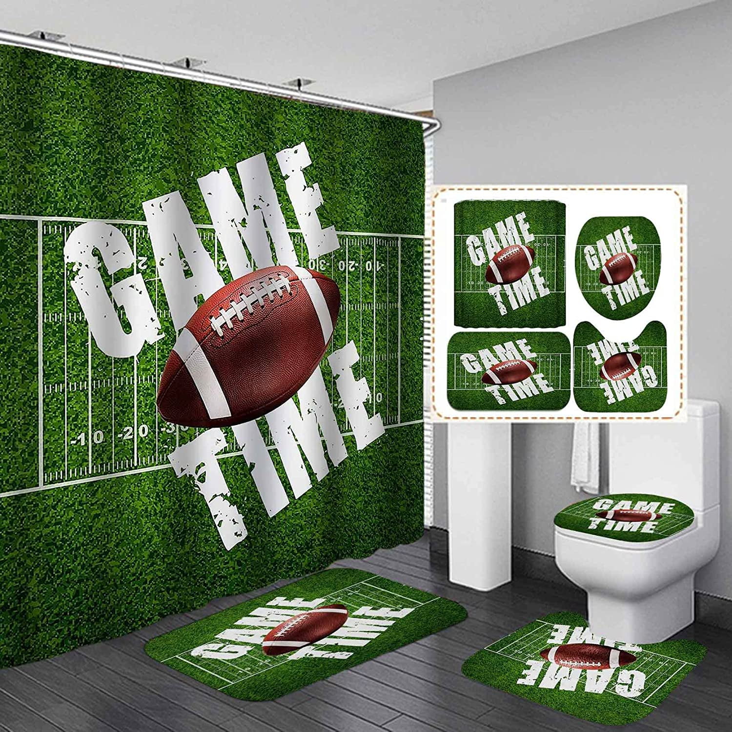 4PCS Sports Shower Curtain Set, American Football Field Rugby Ball ...