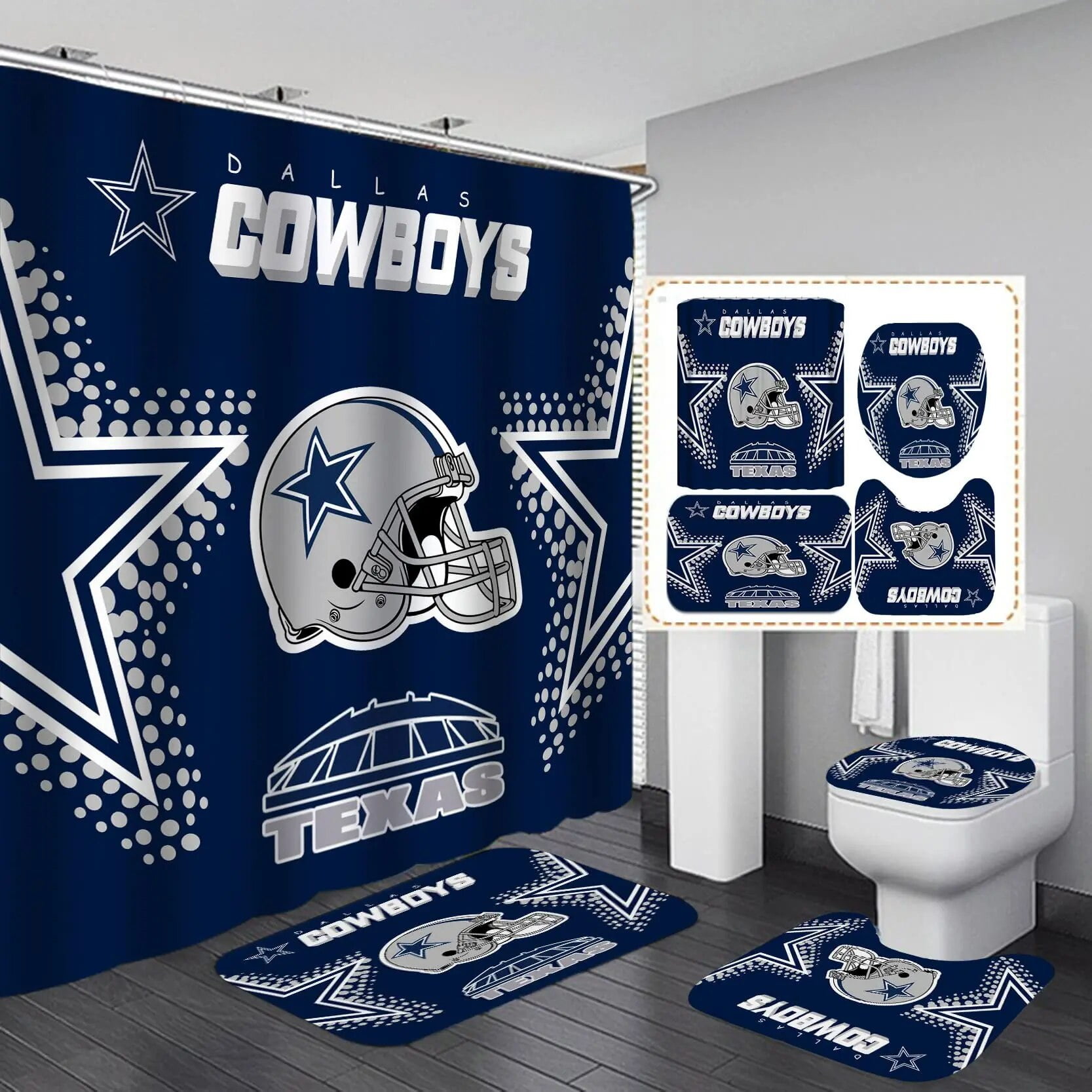4PCS Sports Shower Curtain Set American Football Grey Helmet Texas Star ...