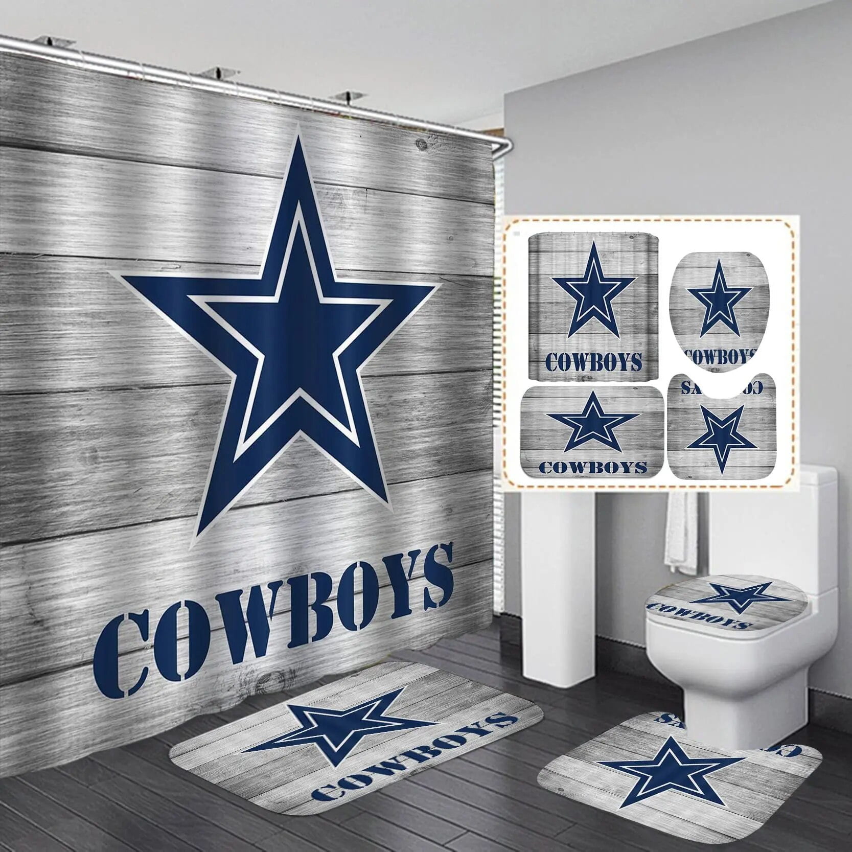 4PCS Sports Shower Curtain Set American Football Grey Helmet Texas Star ...
