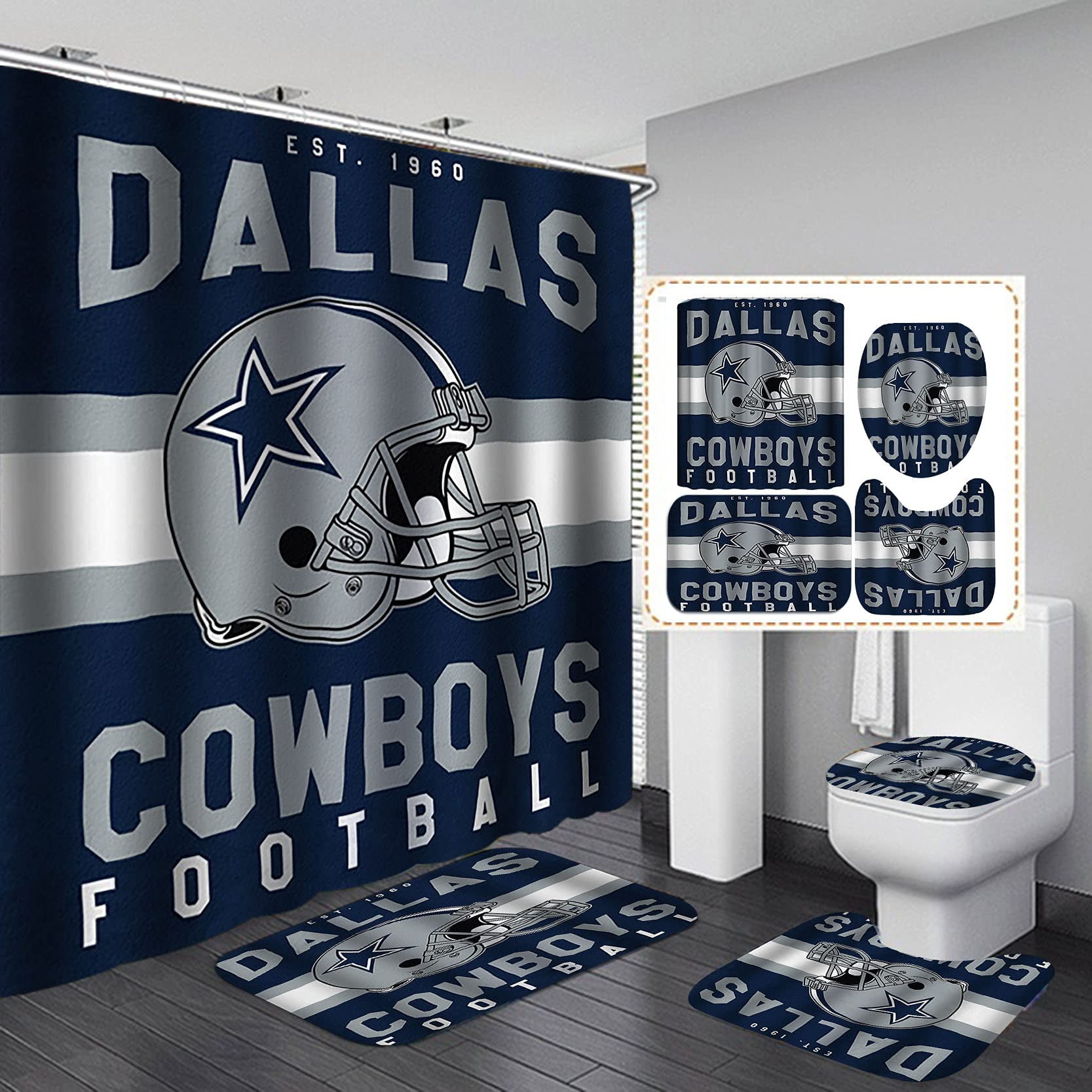 4PCS Sports Shower Curtain Set American Football Grey Helmet Texas Star ...