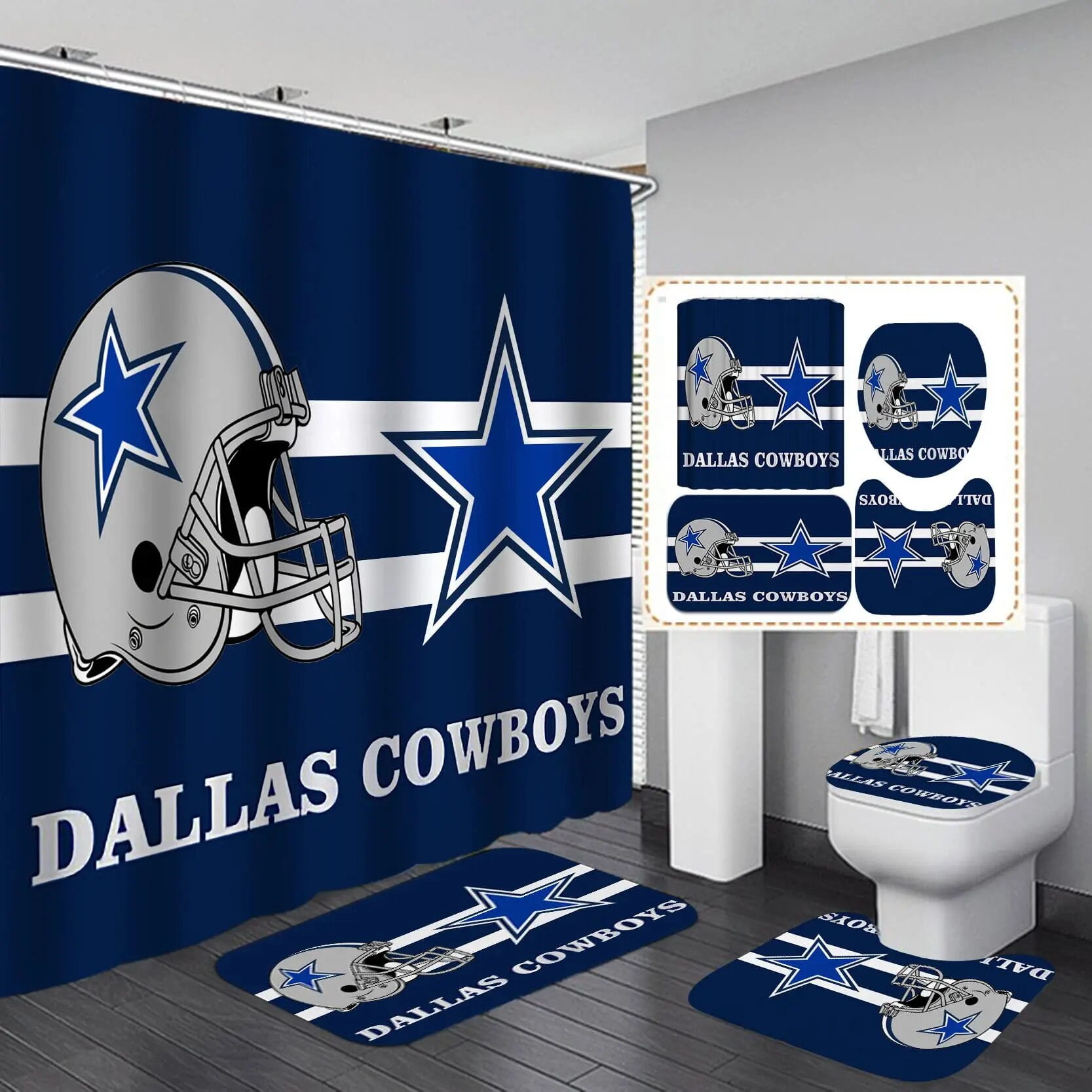 4PCS Sports Shower Curtain Set American Football Grey Helmet Texas Star ...