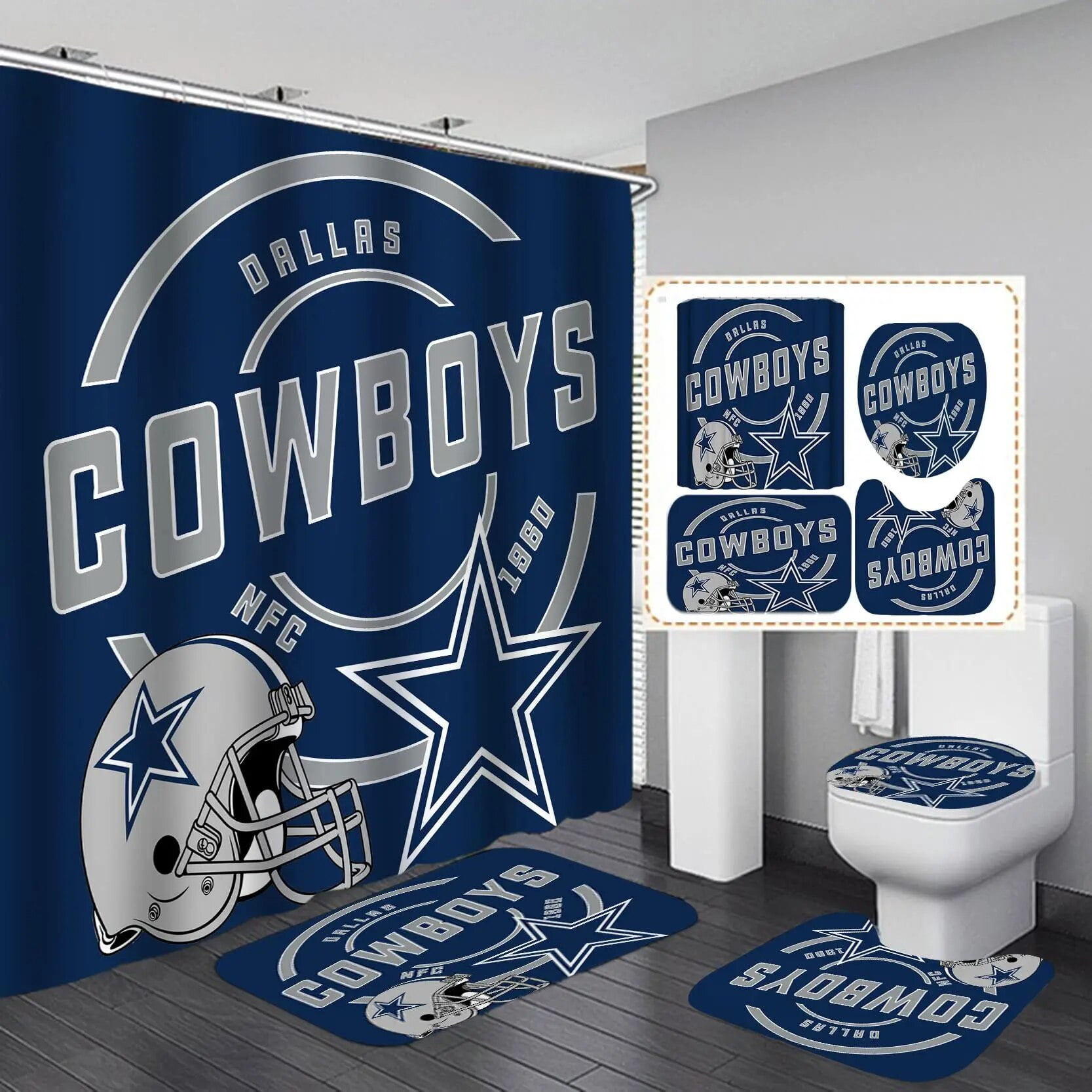 4PCS Sports Shower Curtain Set American Football Grey Helmet Texas Star ...