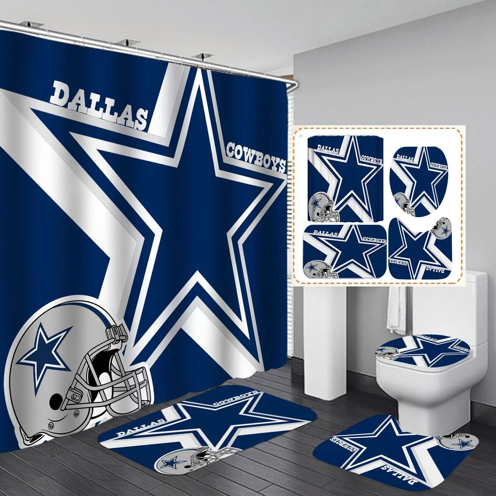 4PCS Sports Shower Curtain Set American Football Grey Helmet Texas Star ...
