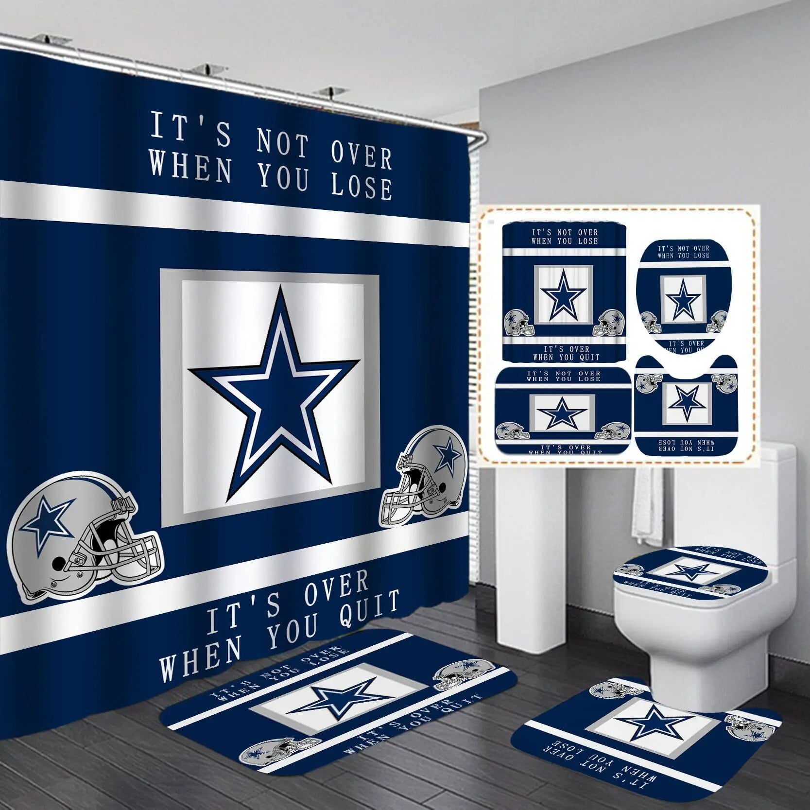 4PCS Sports Shower Curtain Set American Football Grey Helmet Texas Star ...