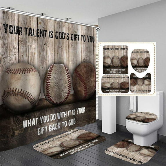 4PCS Sports Shower Curtain Set, Water Fire Basketball Soccer Baseball ...