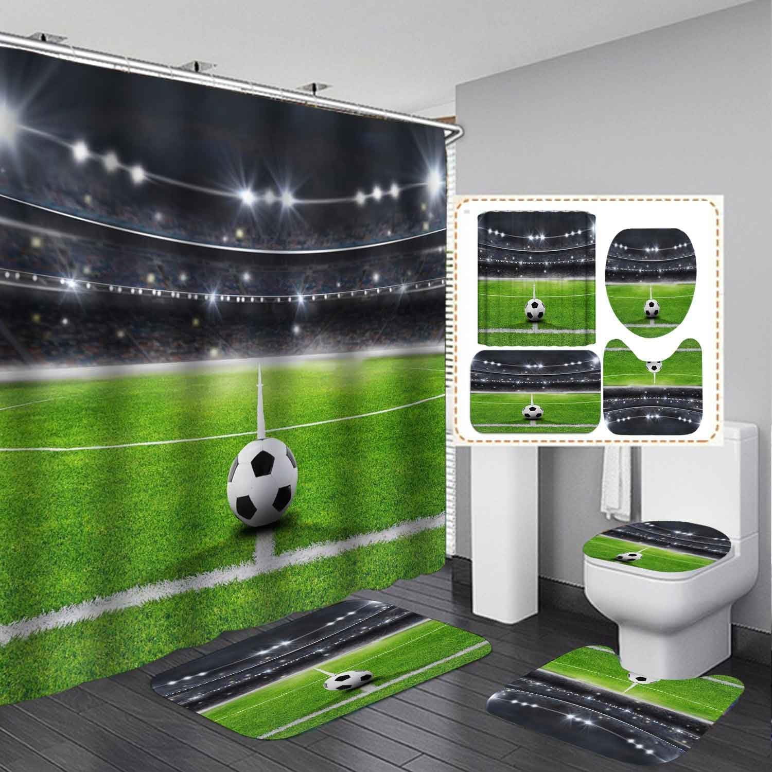 4PCS Sports Soccer Shower Curtain Sets with Rugs, Waterproof Fabric ...