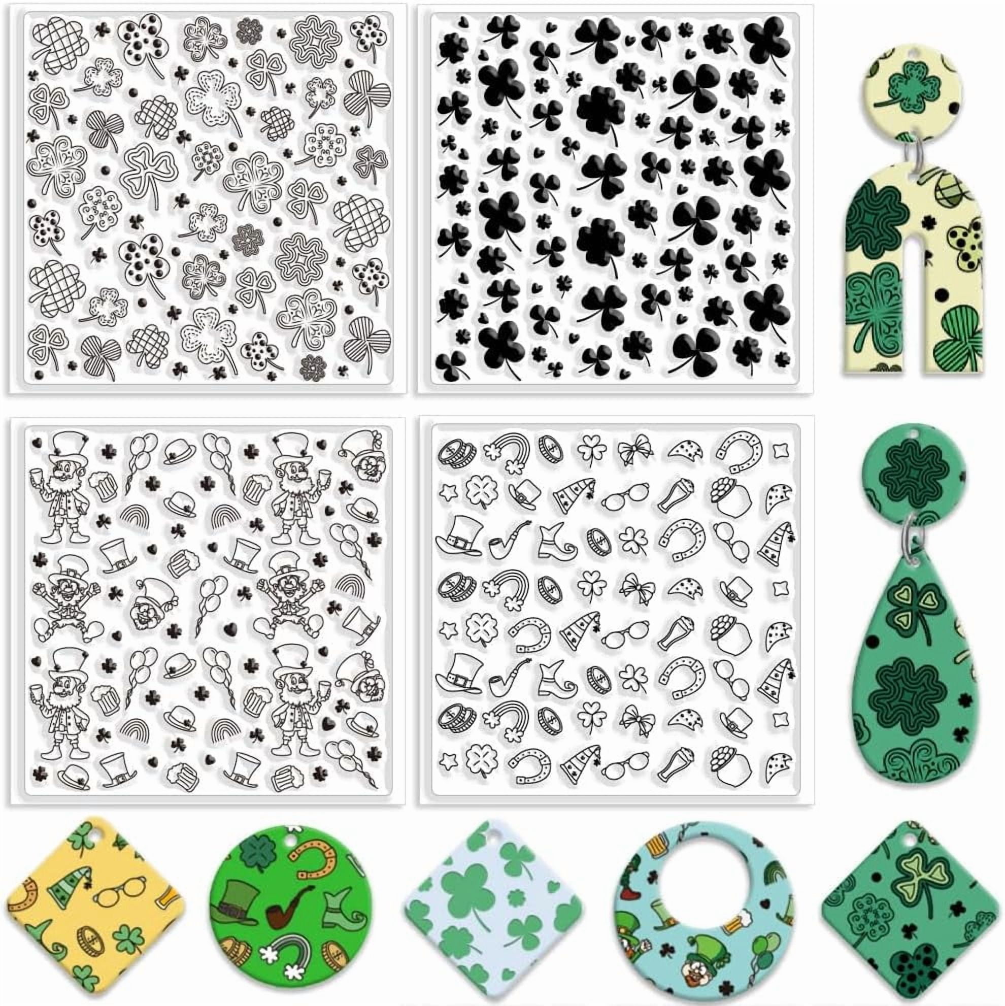 4PCS St. Patrick's Day Polymer Clay Texture Sheets Lucky Clover Silicone Clay Texture Stamp St ...