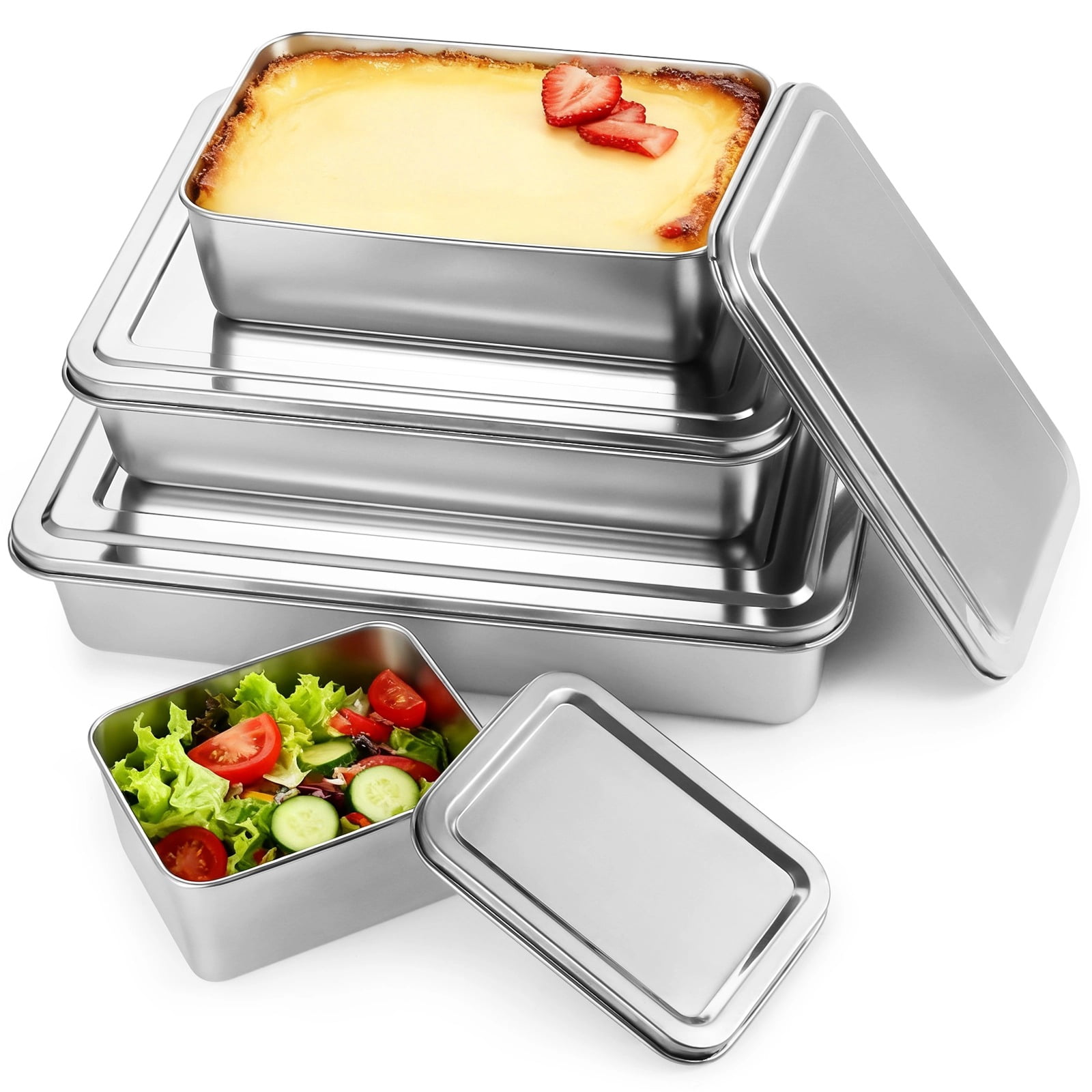4PCS Stainless Steel Cake Pan With Lid Set, Rectangle Sheet Baking Pan ...
