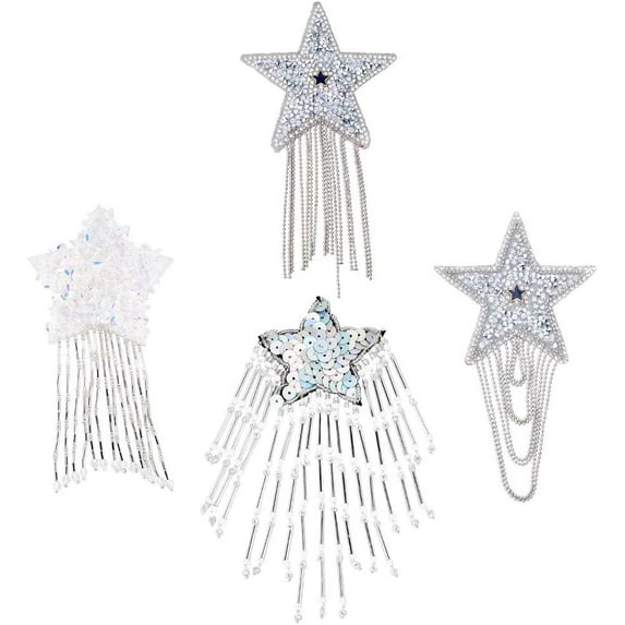 4PCS Star Shaped Rhinestone Sequin Appliques Chain Tassel Patch Shiny ...