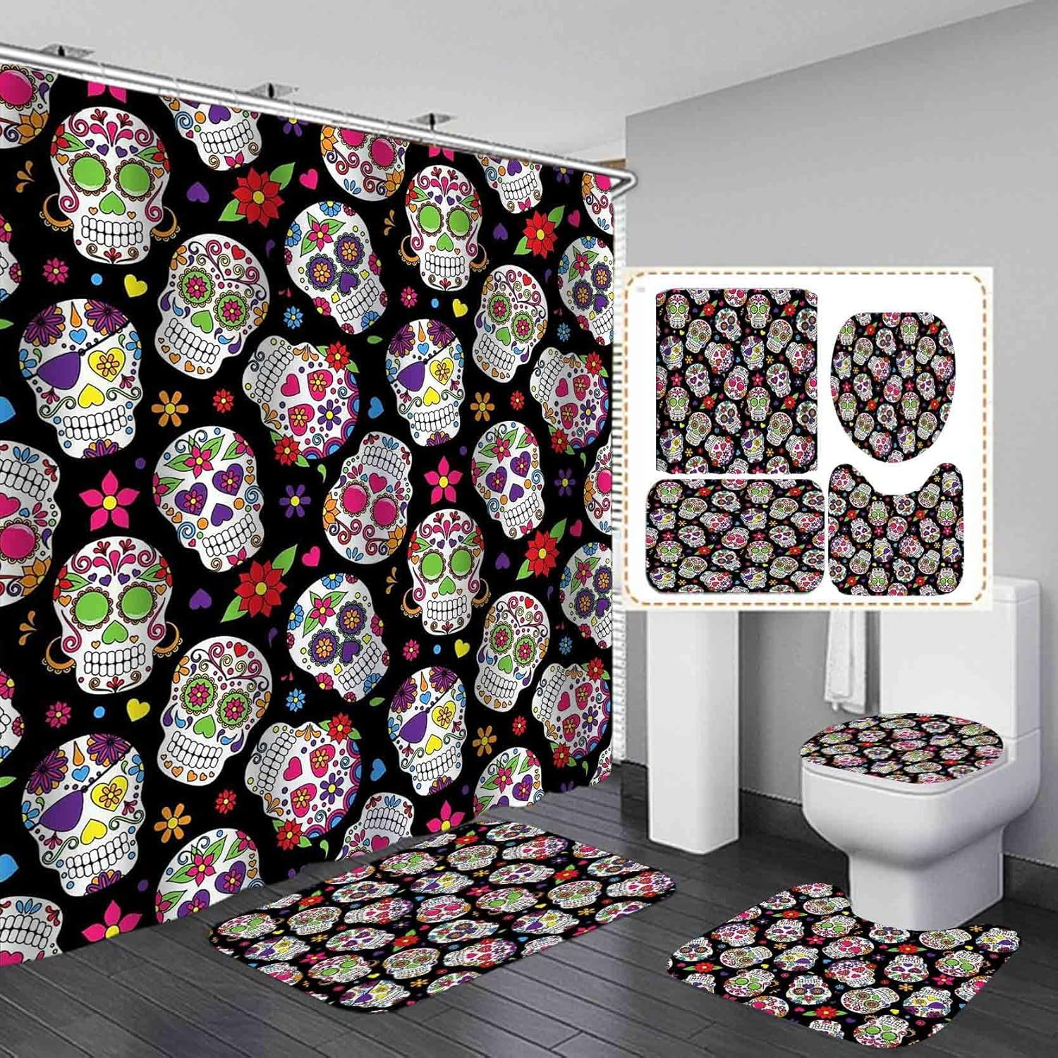 4PCS Sugar Skull Shower Curtain Set, Skeleton Colorful Flower Mexican ...