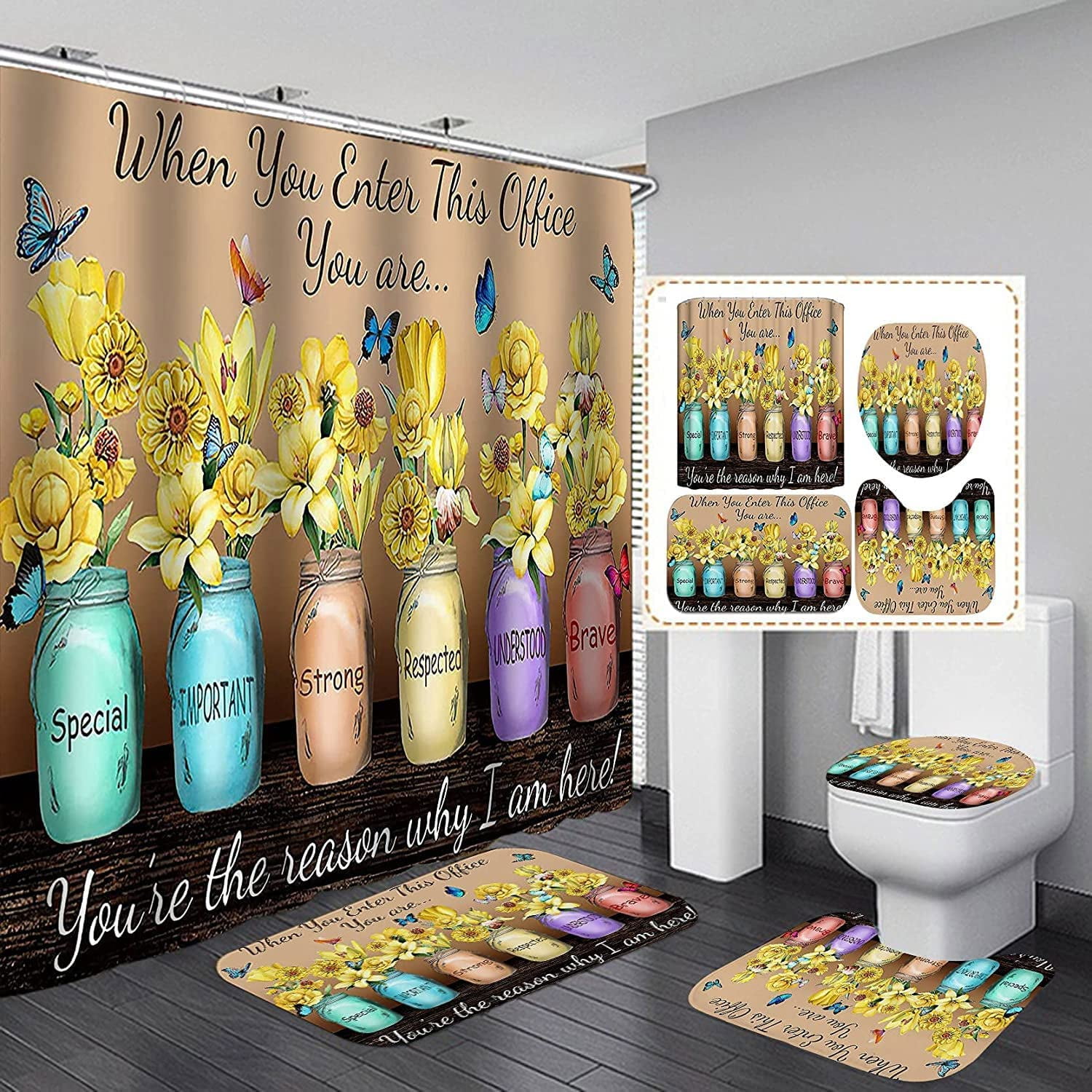 4pcs Sunflower Shower Curtain Set Blue Butterfly Positive Motivational