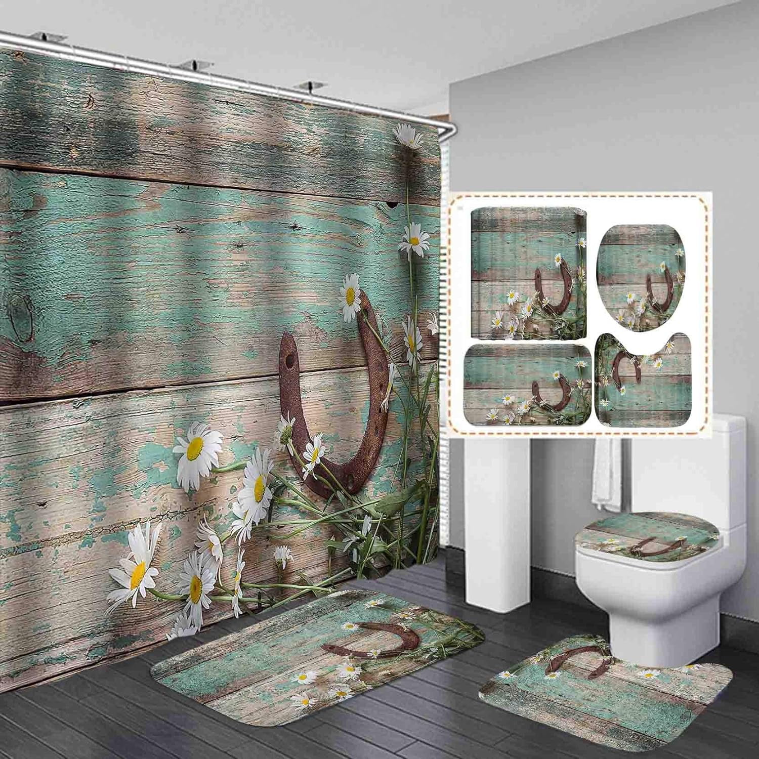 4PCS Sunflower Shower Curtain Sets With Rugs, Floral Shower Curtain ...