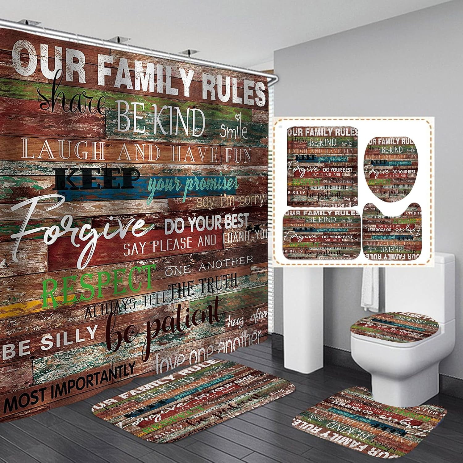 4PCS Teal Blue Ocean Shower Curtain Set, Positive Motivational ...