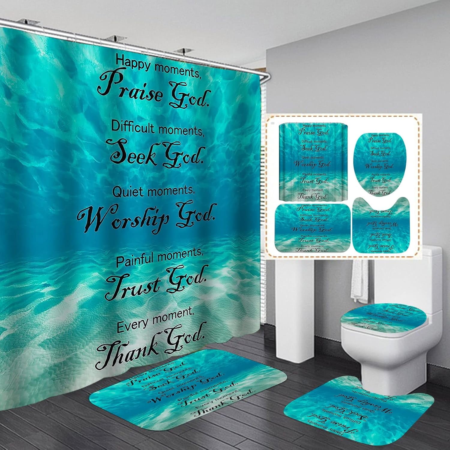 4PCS Teal Blue Ocean Shower Curtain Set, Positive Motivational ...