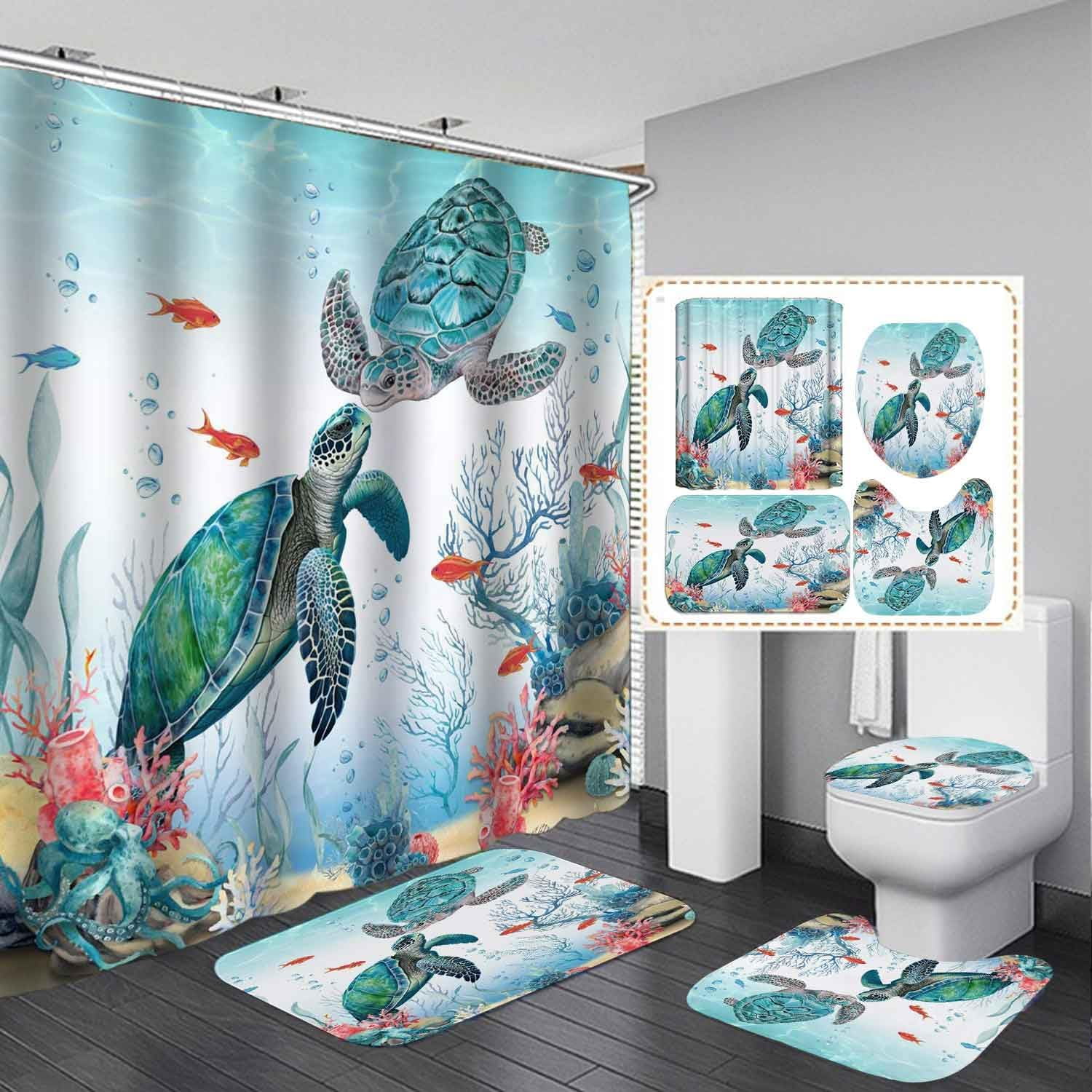4PCS Teal Blue Sea Turtle Shower Curtain Sets with Rugs, Waterproof ...