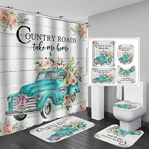 4PCS Teal Farm Truck Shower Curtain Set, Watercolor Pink Peony Floral Green Plant Leaves ...