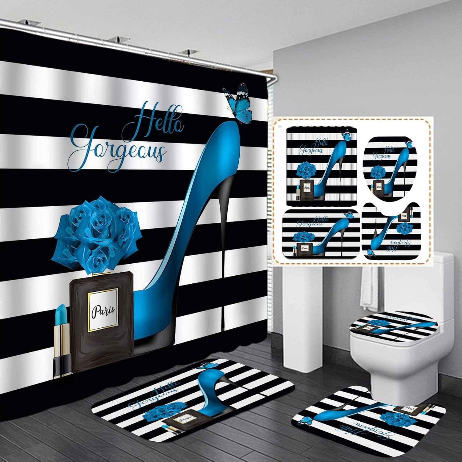 4PCS Teal High Heels Shower Curtain Set, Hello Gorgeous Turquoise Rose ...