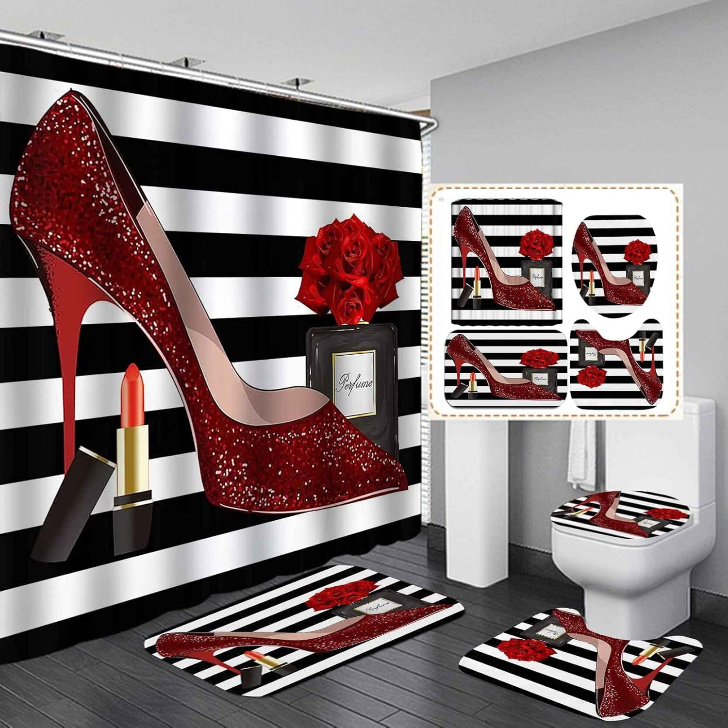 4PCS Teal High Heels Shower Curtain Set, Hello Gorgeous Turquoise Rose ...