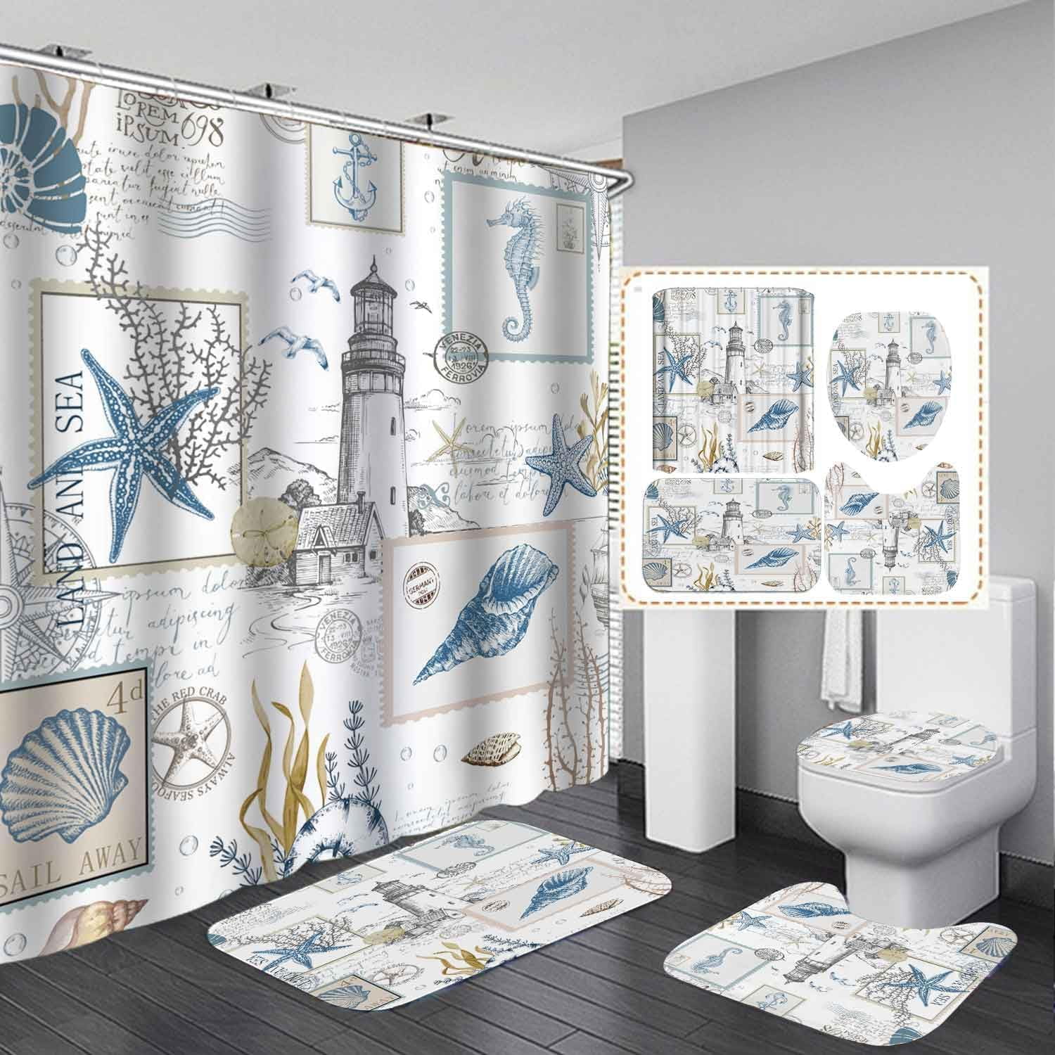 4PCS Teal Sea Turtle Shower Curtain Sets with Rugs, Waterproof Fabric ...