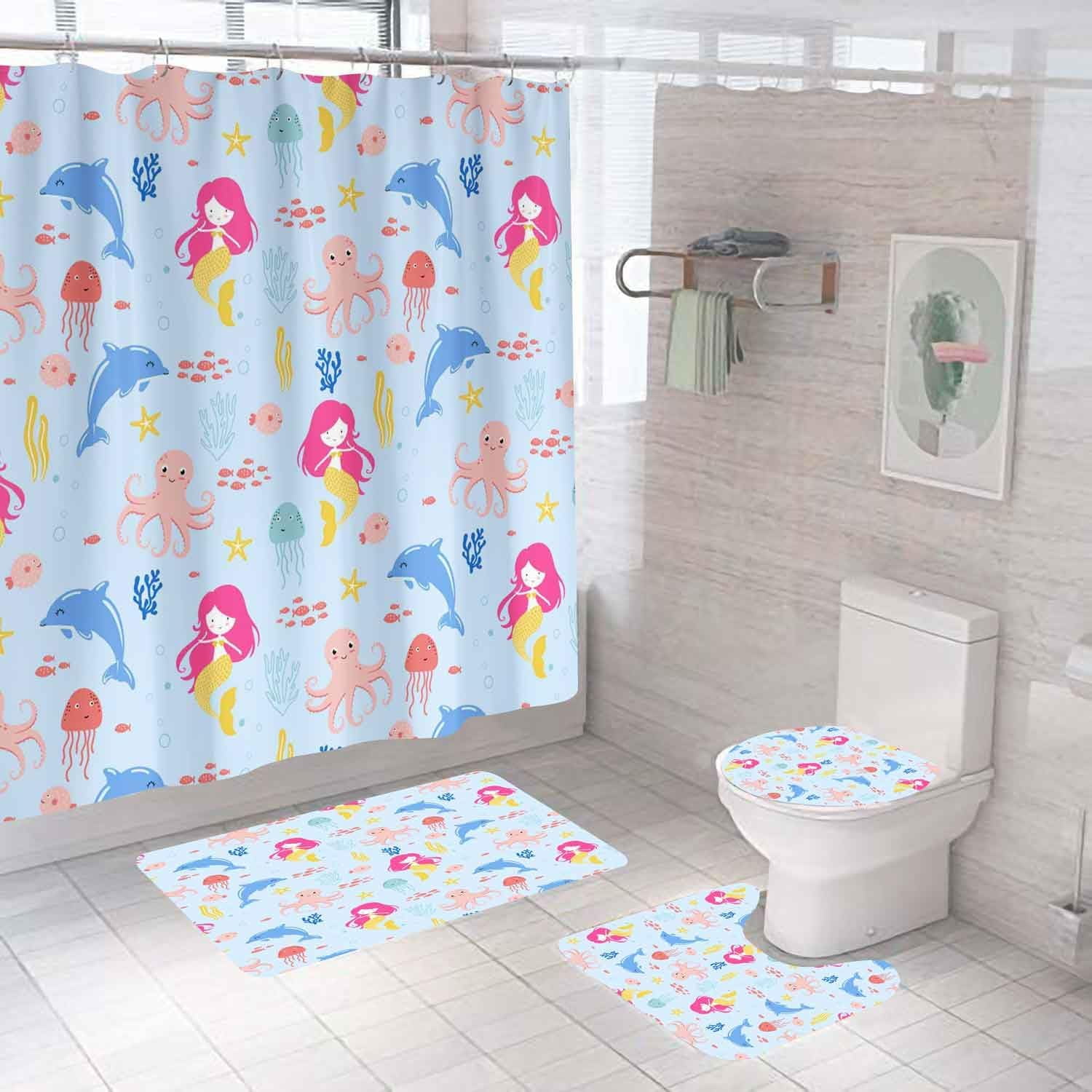 4PCS Teal Sea Turtle Shower Curtain Sets with Rugs, Waterproof Fabric ...