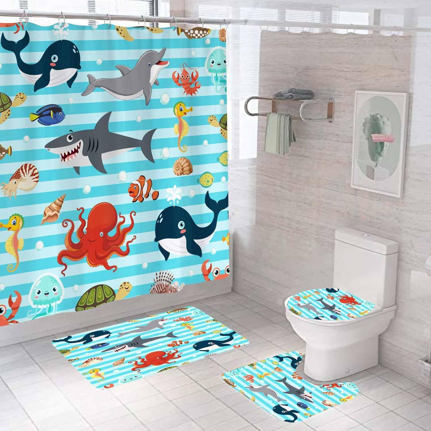 4PCS Teal Sea Turtle Shower Curtain Sets with Rugs, Waterproof Fabric ...